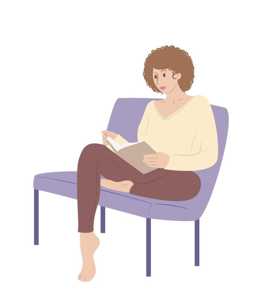 Girl Reading Book Sitting On Chair Isolated On White Background Flat