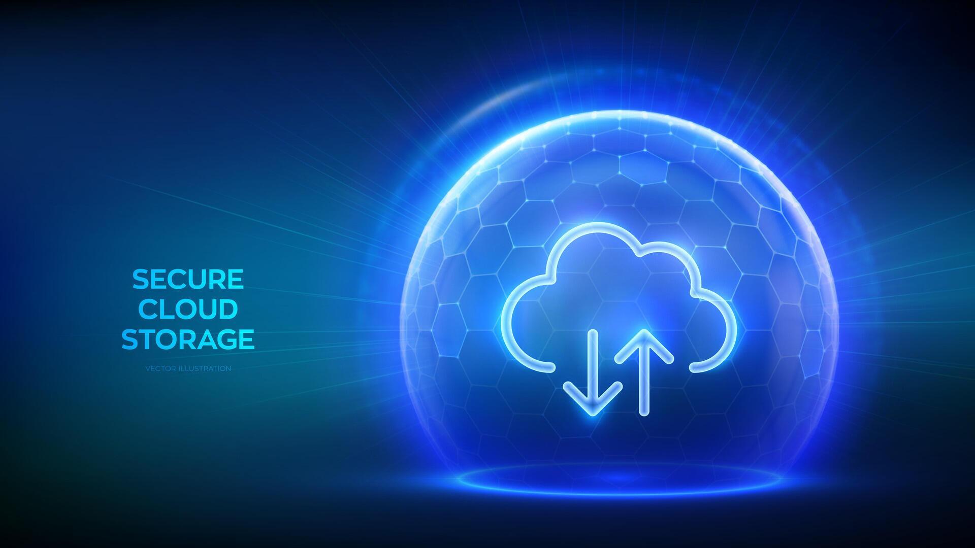 Secure Cloud Storage. Cloud icon inside transparent protection sphere ...