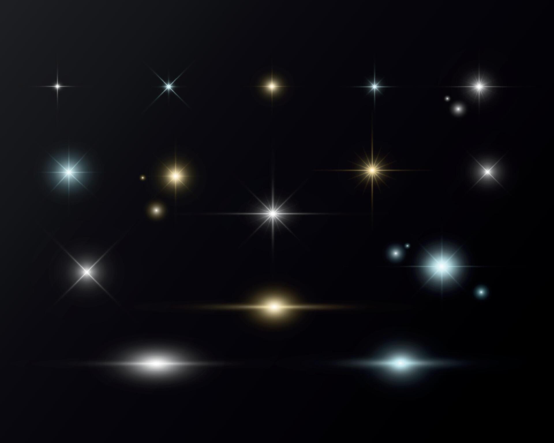 Flashing lights, sparkling stars. Light effects set on black background. White, blue and yellow ...