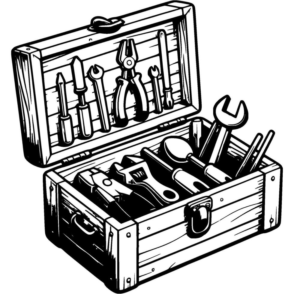 Toolbox with many tools inside. Tools include hammer, screwdriver, wrench and pliers in ...
