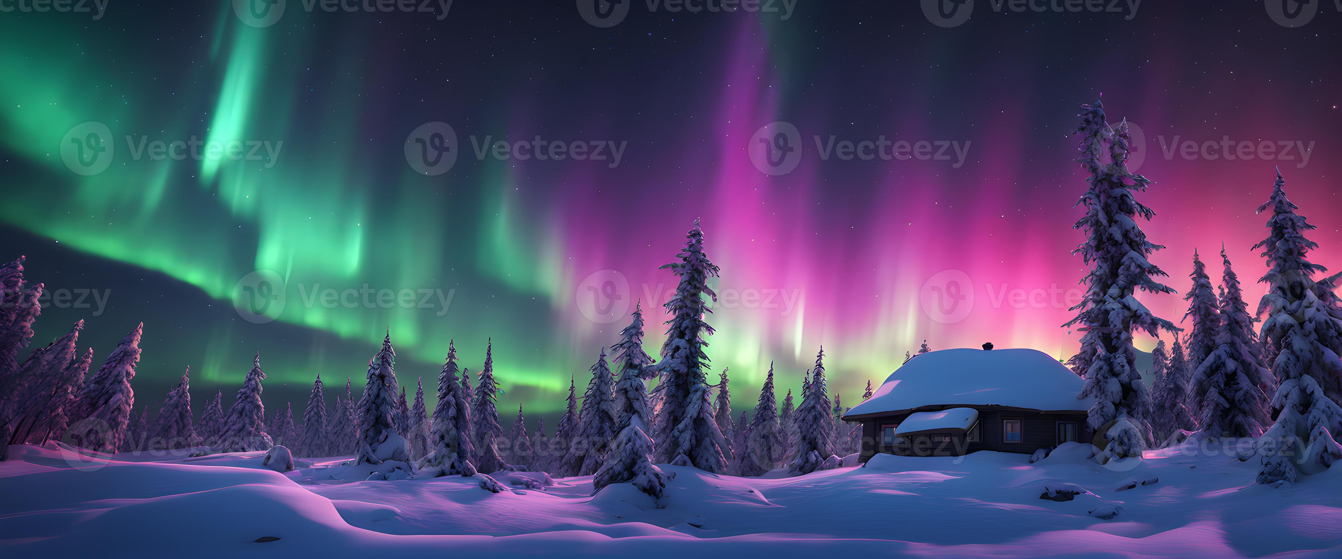 Northern lights in winter forest. Sky with colorful polar lights and ...