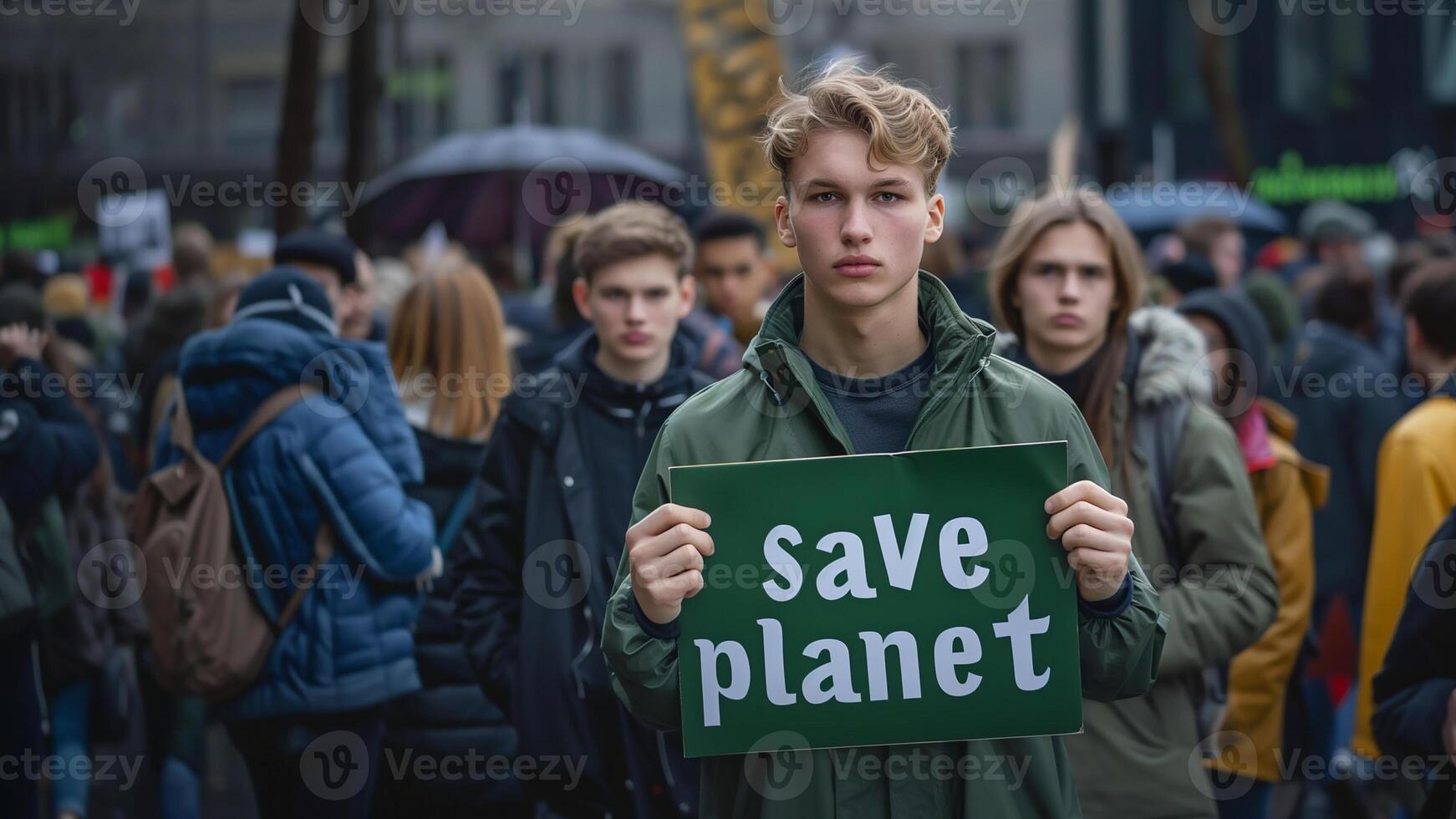 Eco activist students standing on environmental protection ...