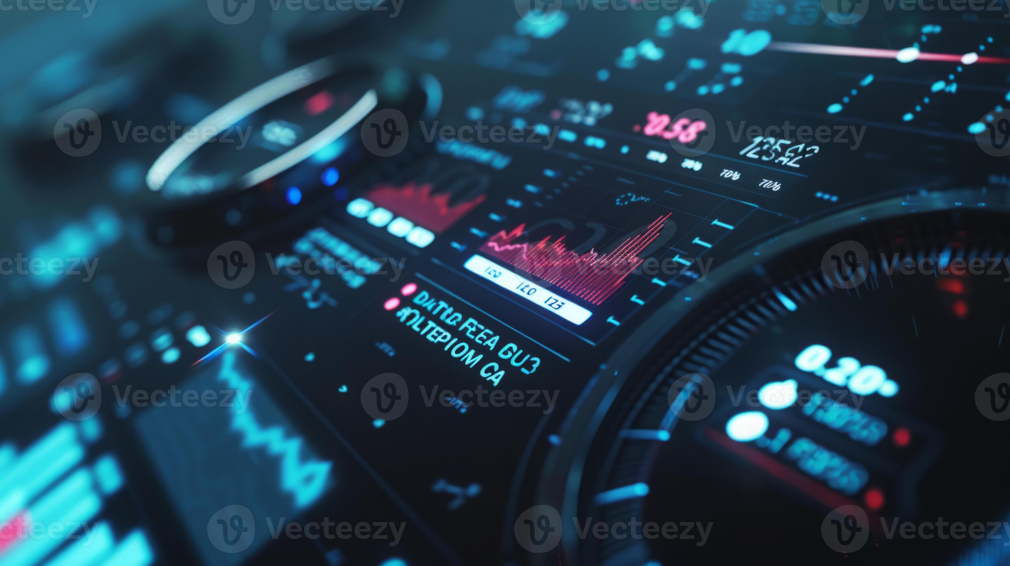 A close-up view of a futuristic digital display with a gauge, graphs, and other data. The screen ...