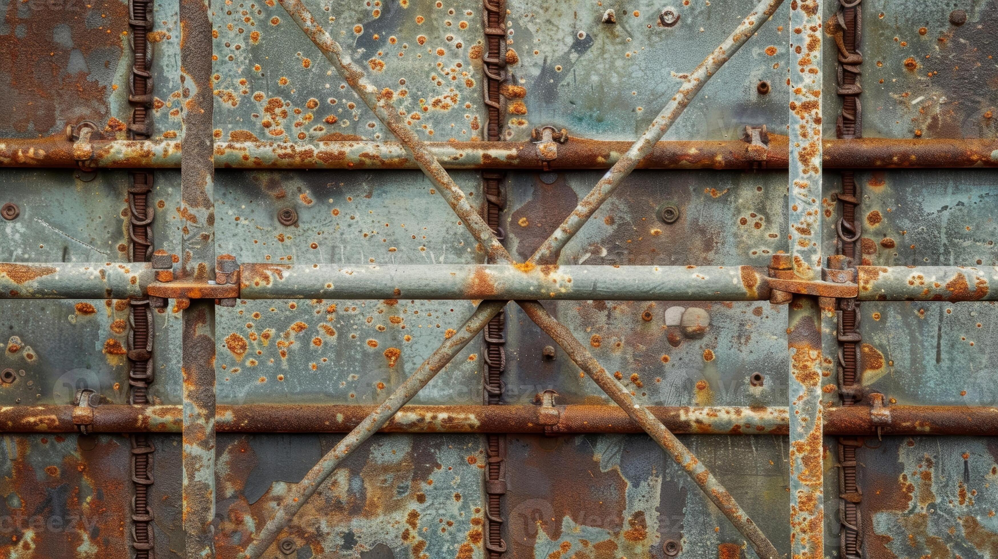 A section of scaffolding made of aging metal rods with intricate ...