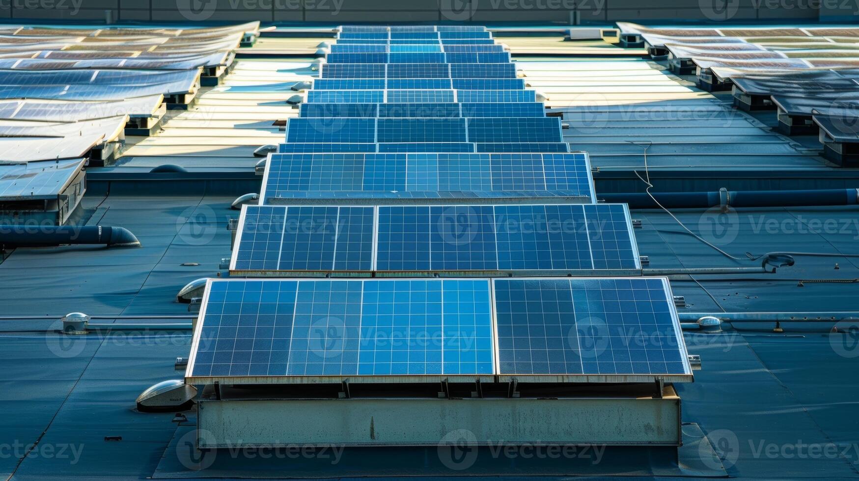 Solar panels lining the rooftop of a community center harnessing the ... Solar panels lining the rooftop of a community center harnessing the ...