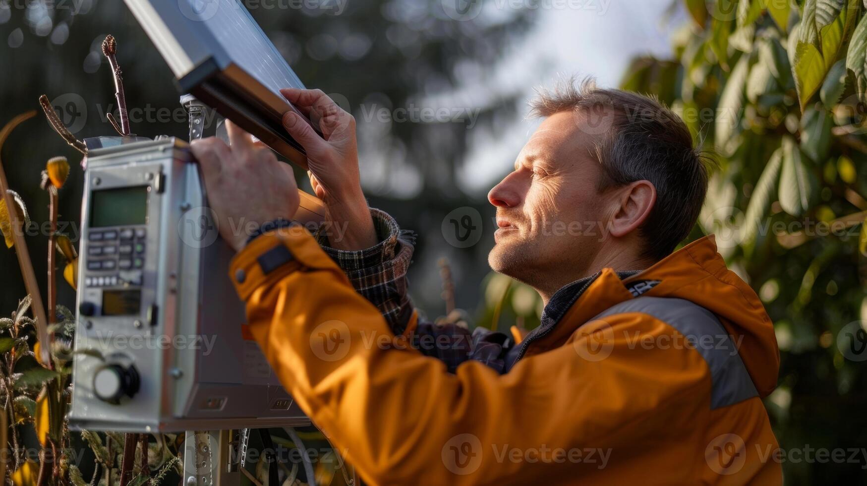 A technician inspecting the solar panel on a weather station ensuring it is positioned correctly ...