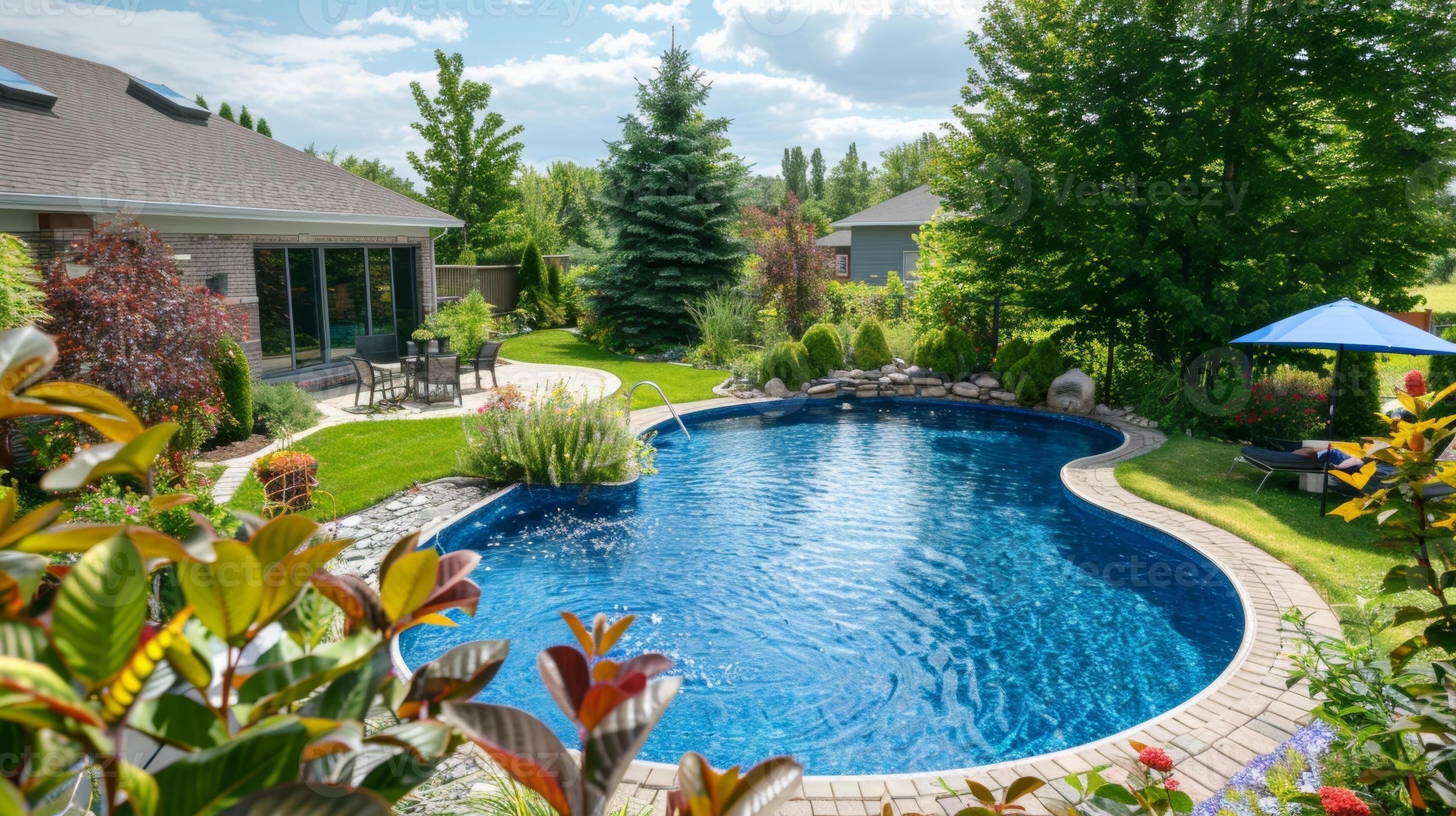 A lush green backyard with a solarpowered swimming pool p strategically ... A lush green backyard with a solarpowered swimming pool p strategically ...