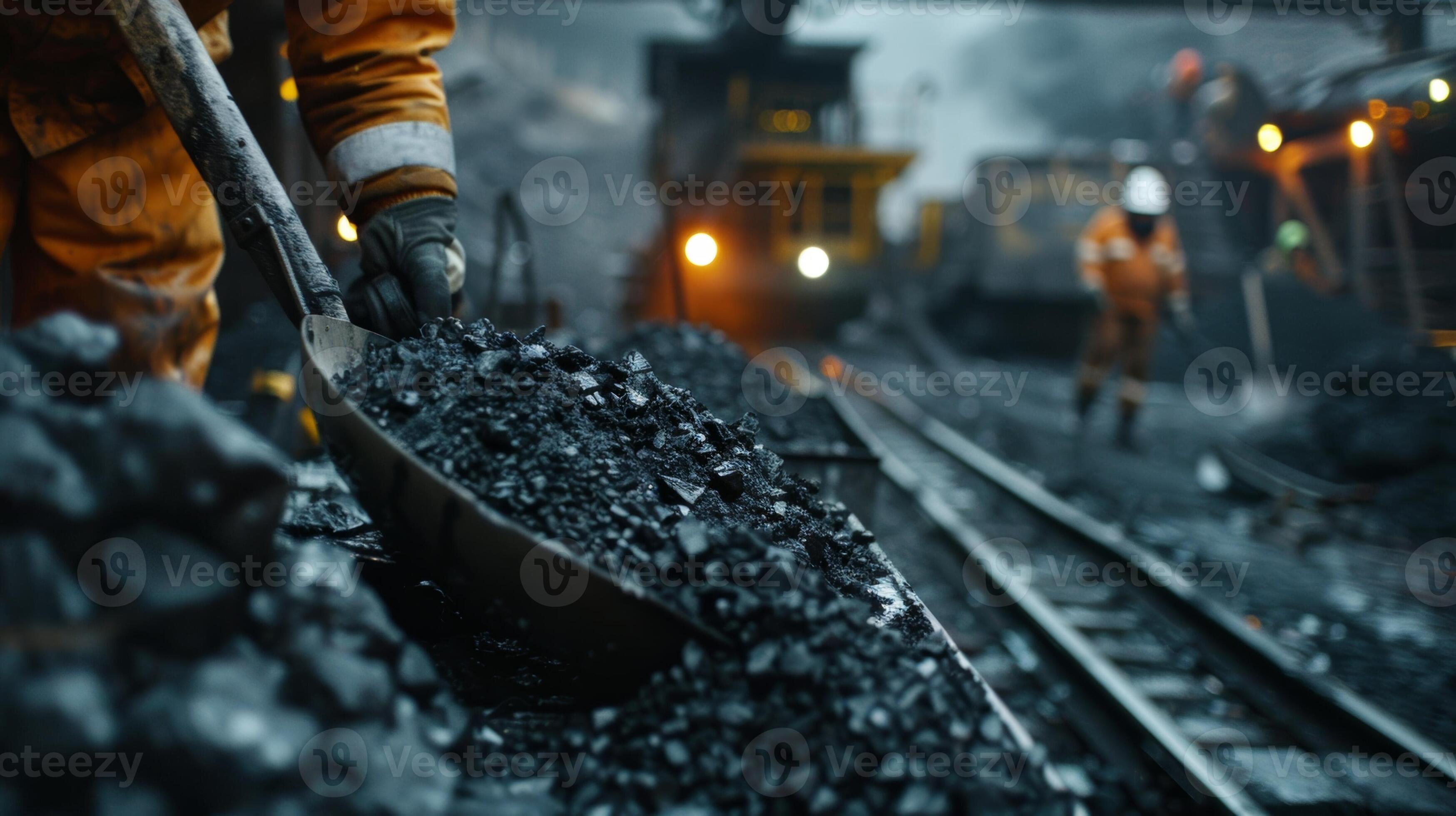 A group of miners using shovels to gather and load coal into carts 46735993 Stock Photo at Vecteezy