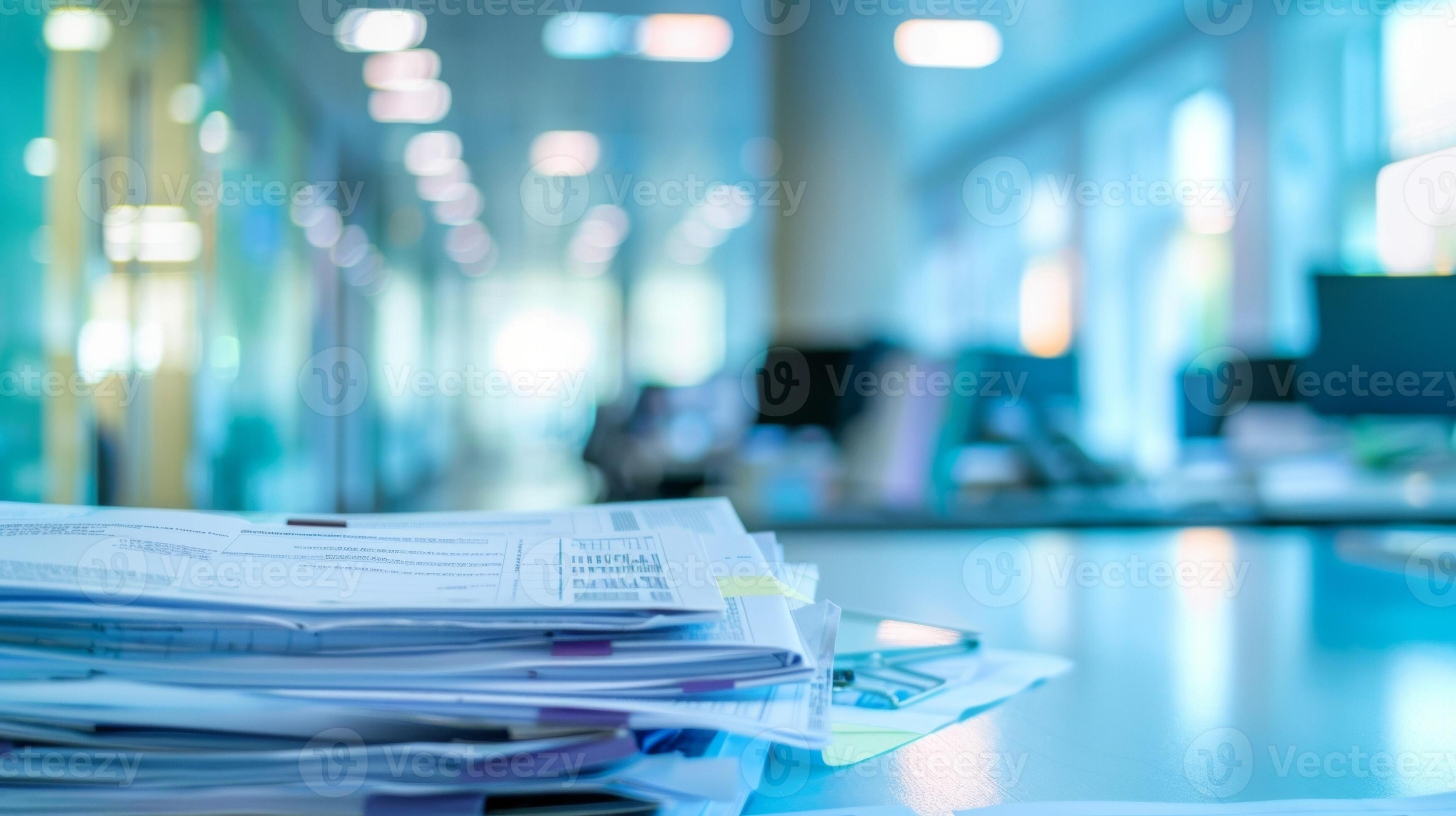 Softly blurred office environment with stacks of paperwork computer screens and business reports ...