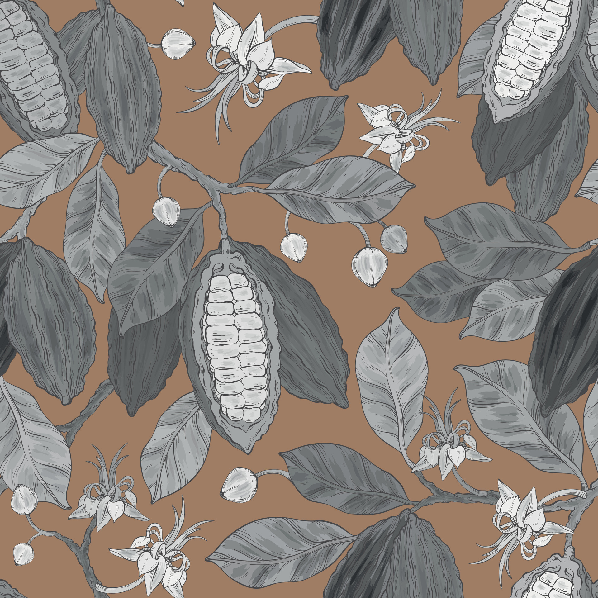Seamless monochrome pattern of cocoa leaves, flowers and fruits of ...