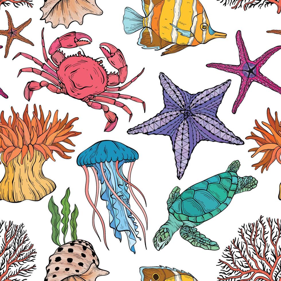 Seamless summer underwater pattern. Various shell, algae, turtle, crab ...
