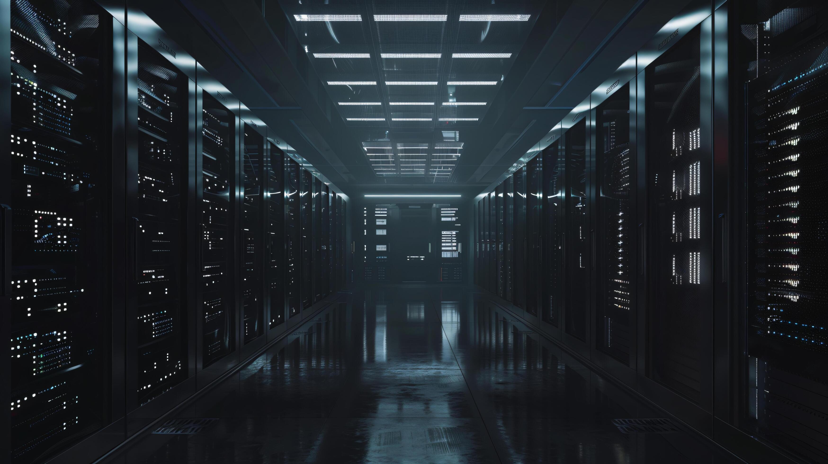 Multiple rows dark monochrome server room data center operational server racks ...