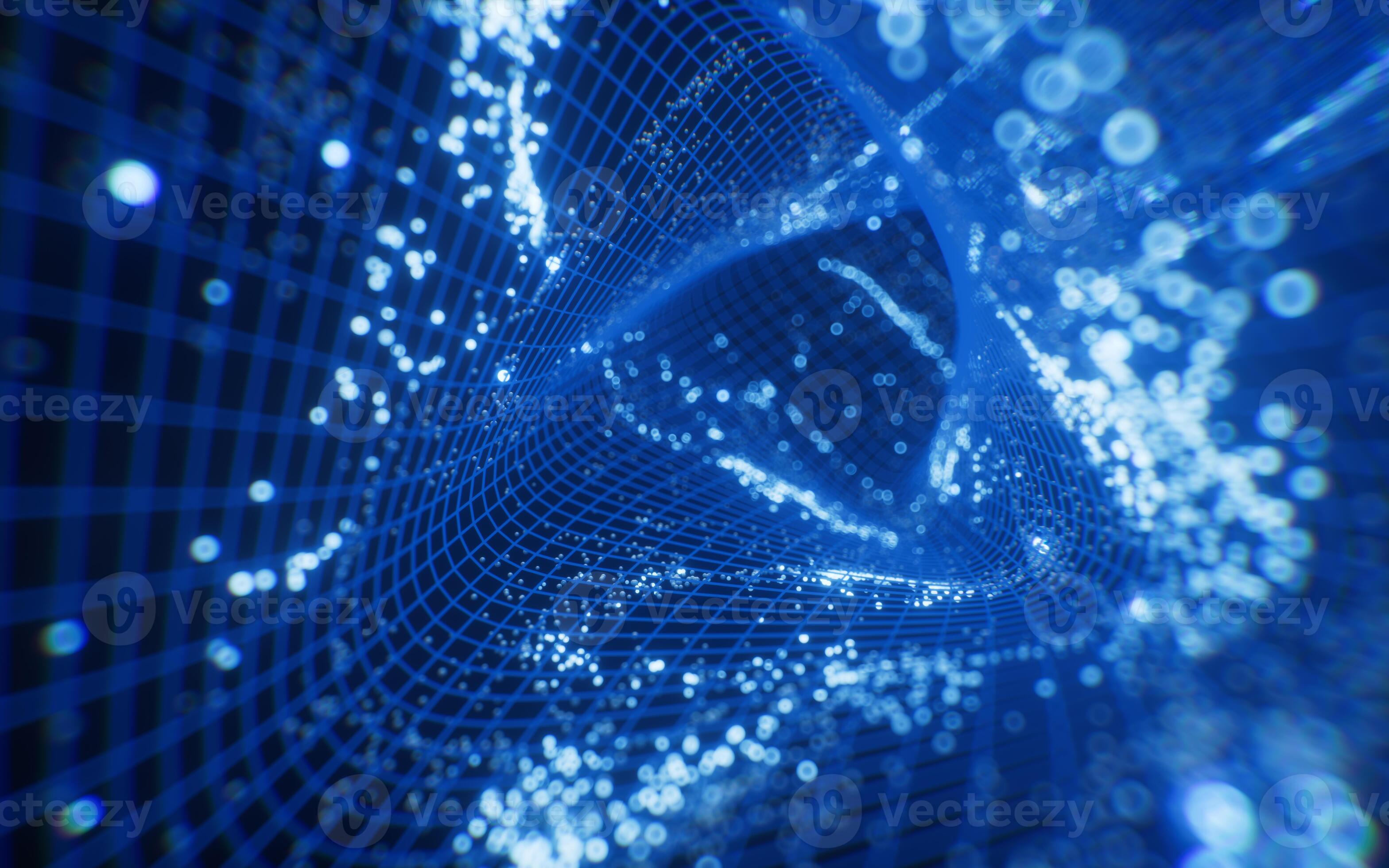 Triangle technology grid tunnel and flowing particles, 3d rendering ...