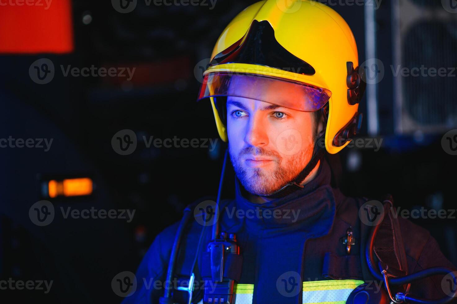 Firefighter portrait on duty. Photo fireman with gas mask and helmet ...