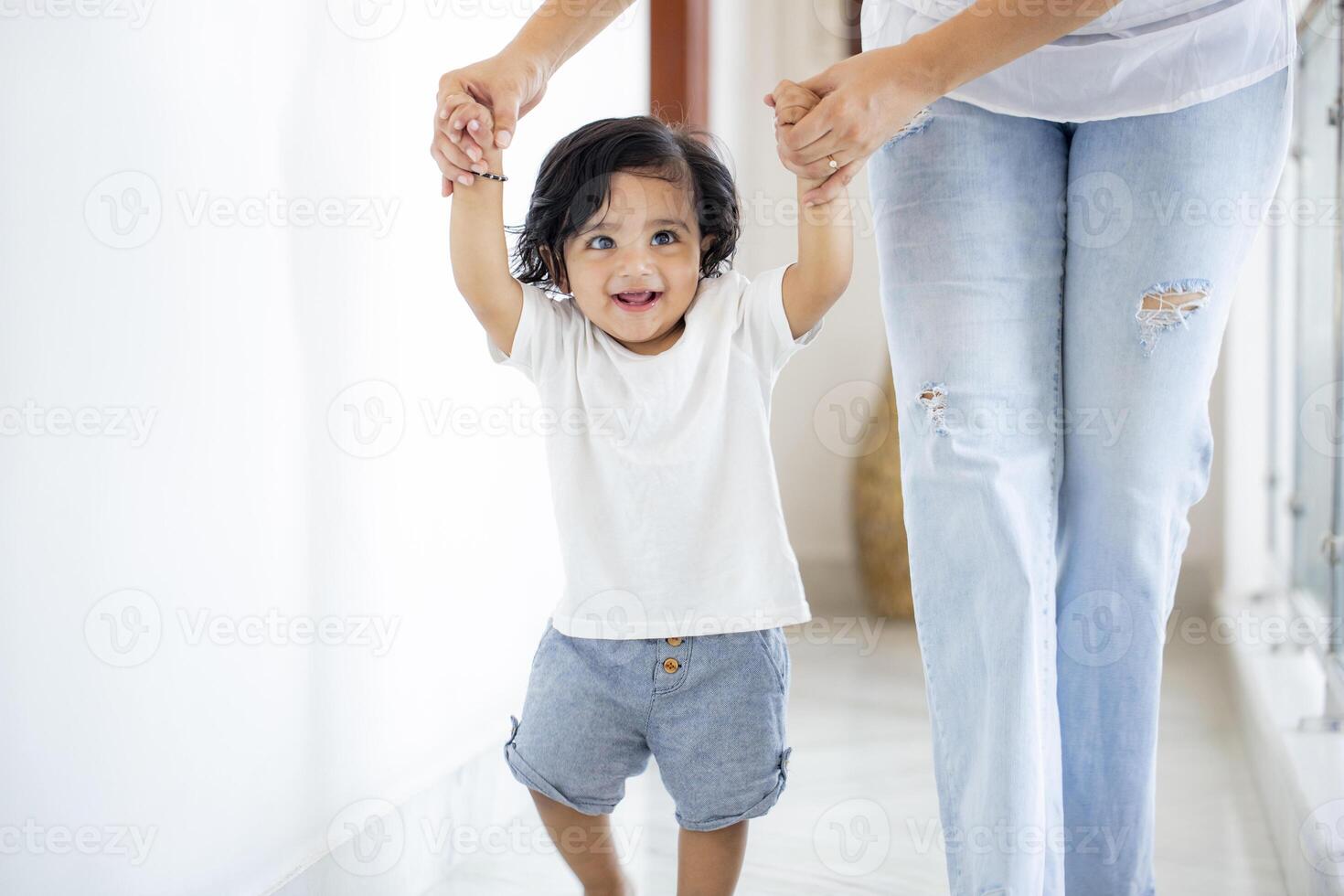 Baby Learning To Walk By Holding His Mother Hand 46761334 Stock Photo ...