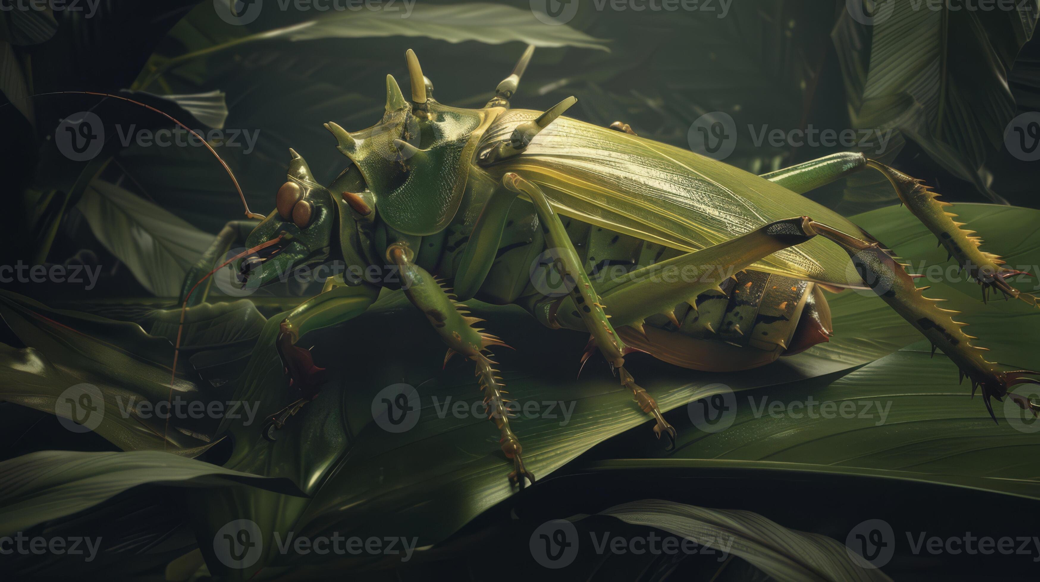 A large bug sitting on top of a green leaf in the jungle, AI 46765564 ...