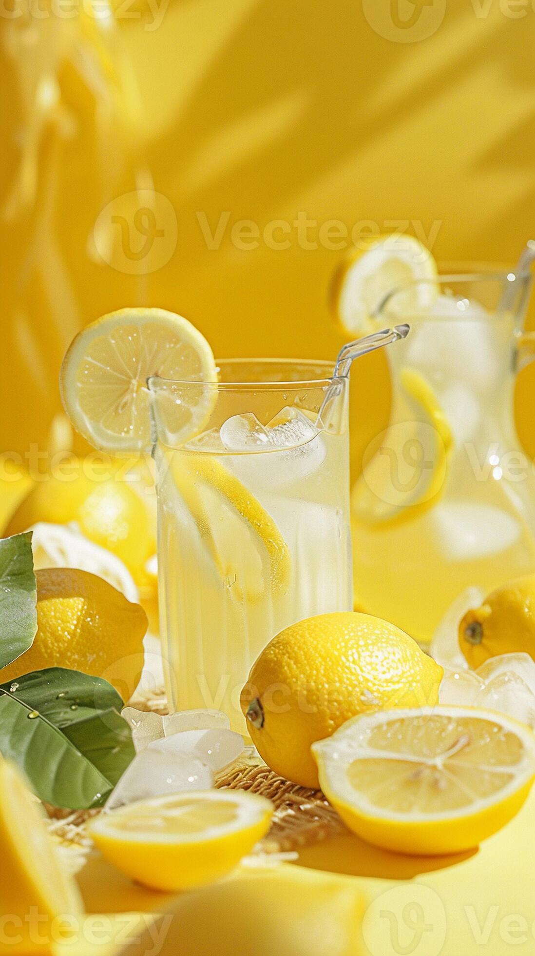 Lemonade stand backdrop with a bright yellow background, pitchers of lemonade, glasses, and ...