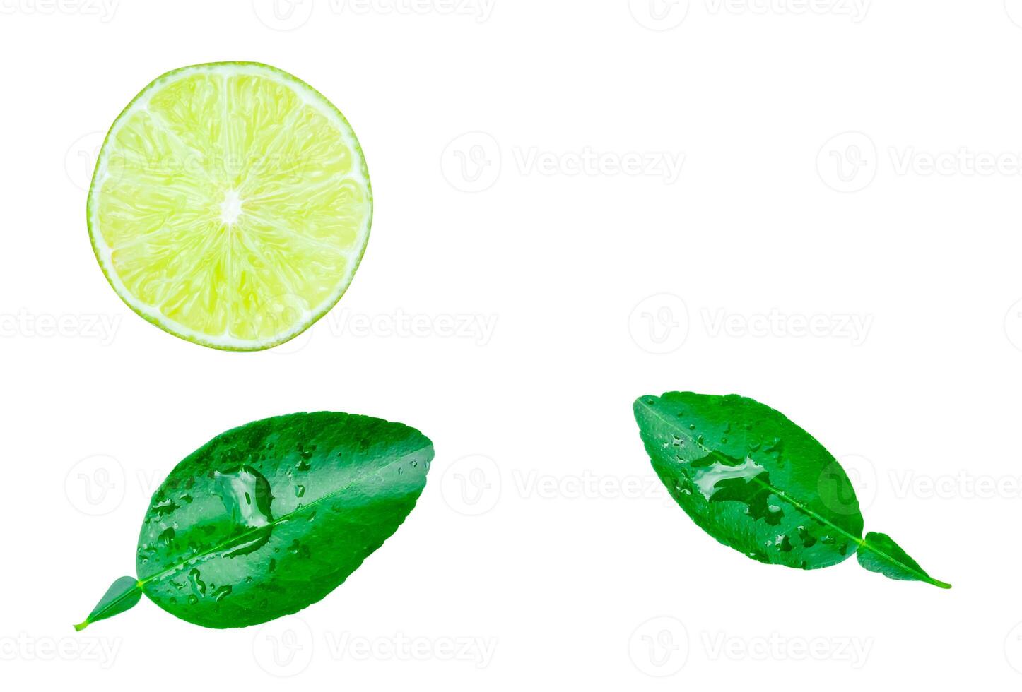 Top view set of green lemon slices or half with leaves and drops scattered isolated on white ...