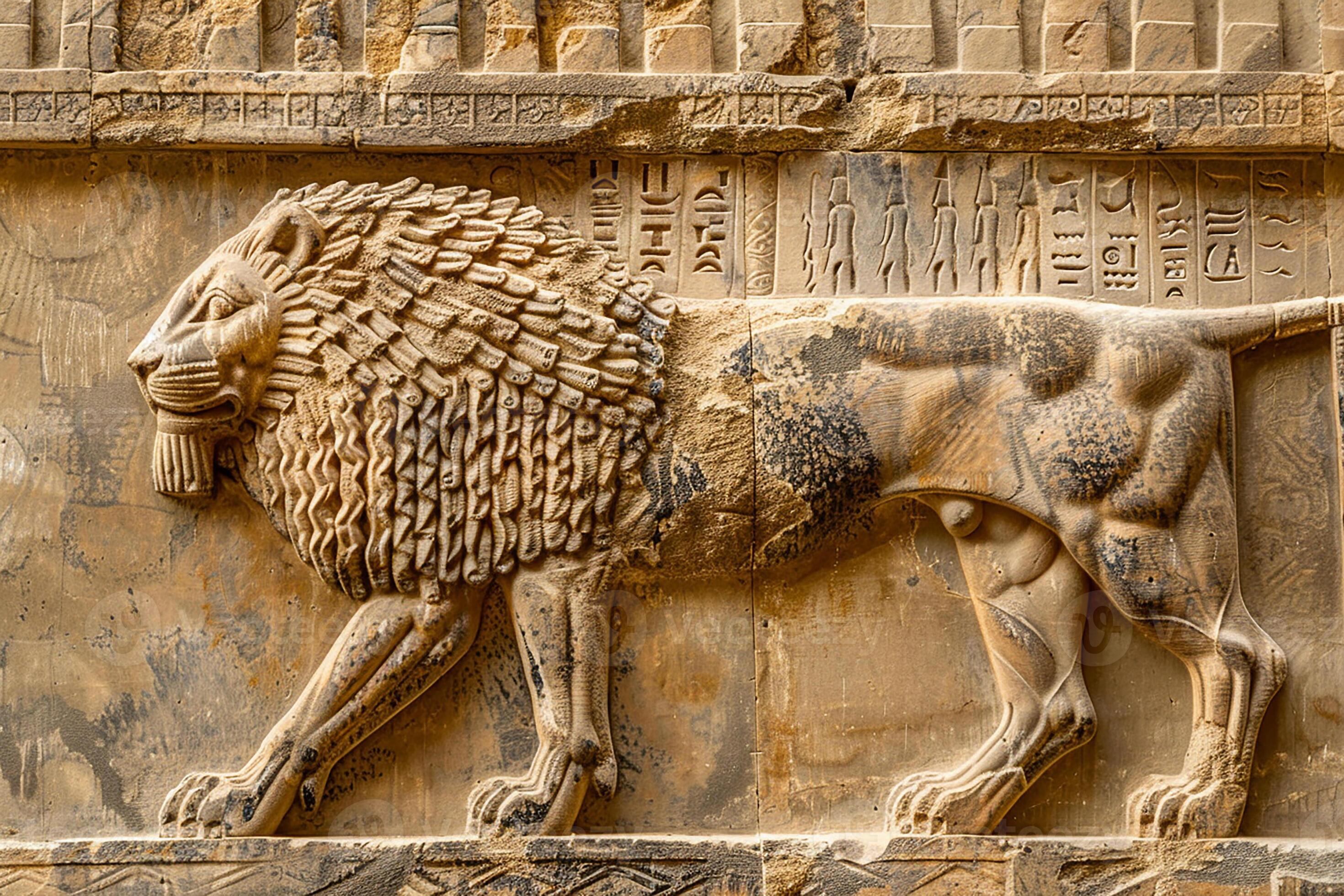 Ancient cuneiform Sumerian text and relief of a lion, a mythical ...