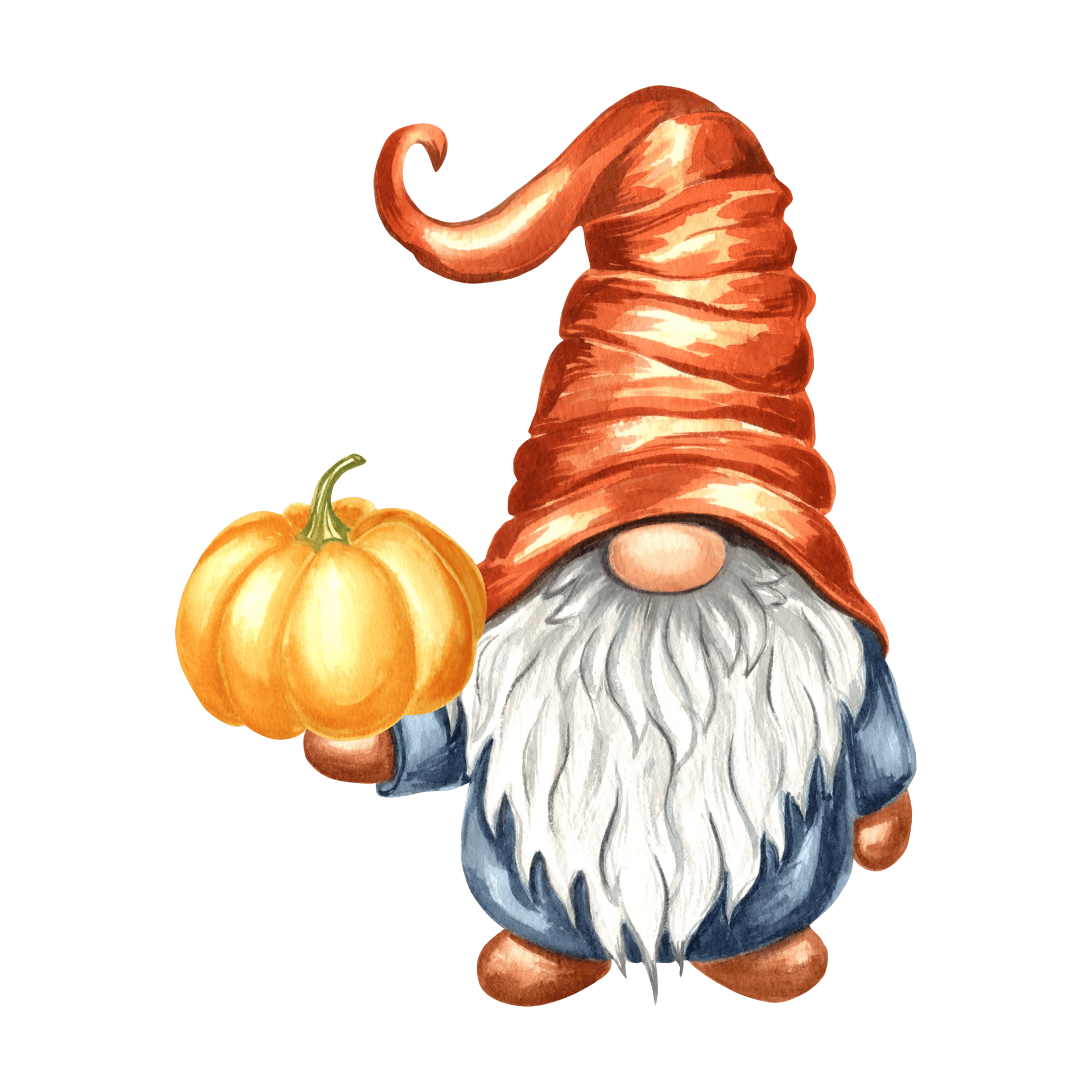 Fall Gnome with pumkin. Nordic magic dwarfs. Hand drawn watercolor ...