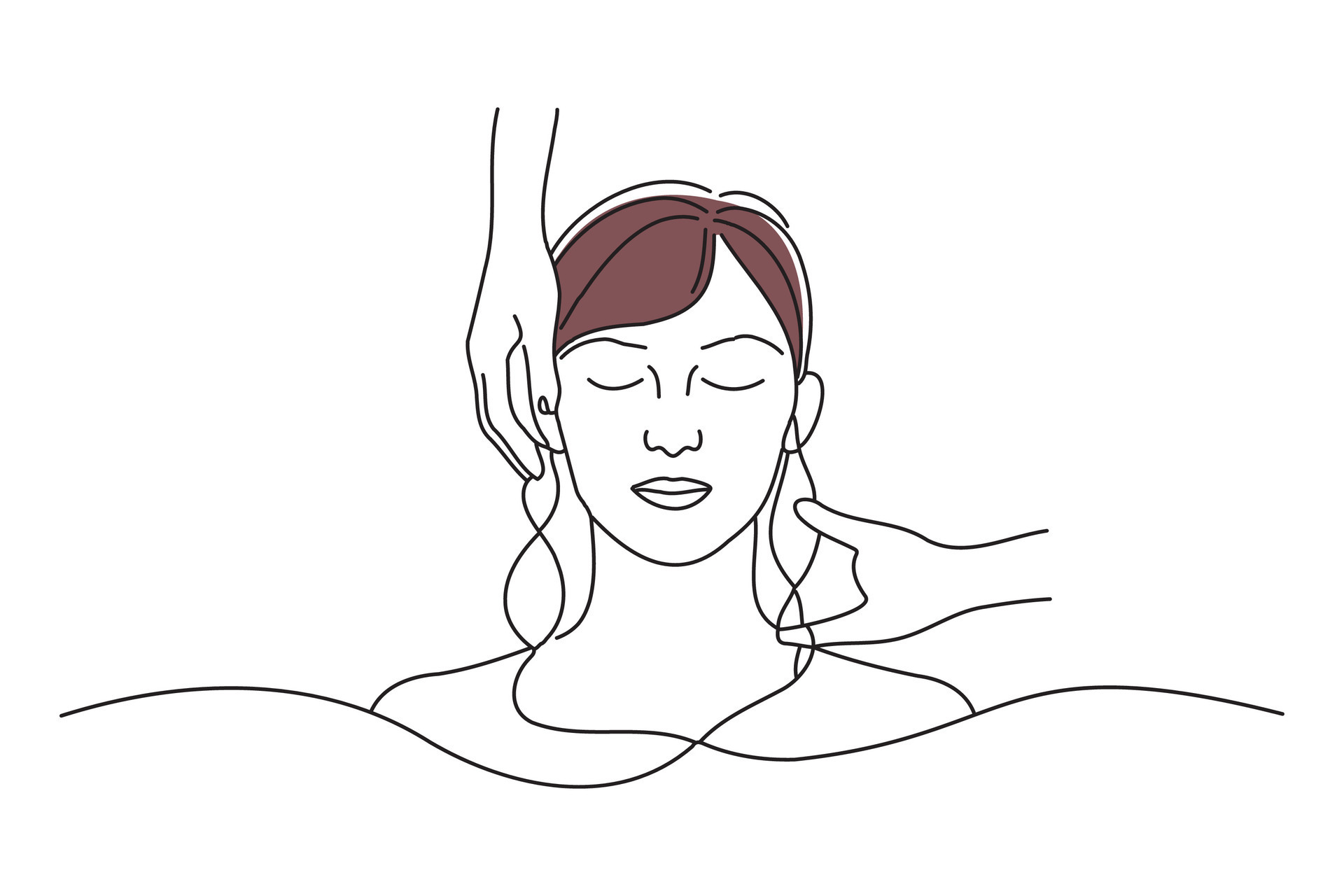 A Woman Receiving A Scalp Massage And The Hands Of The Practitioner Doodle Continuous Line Art