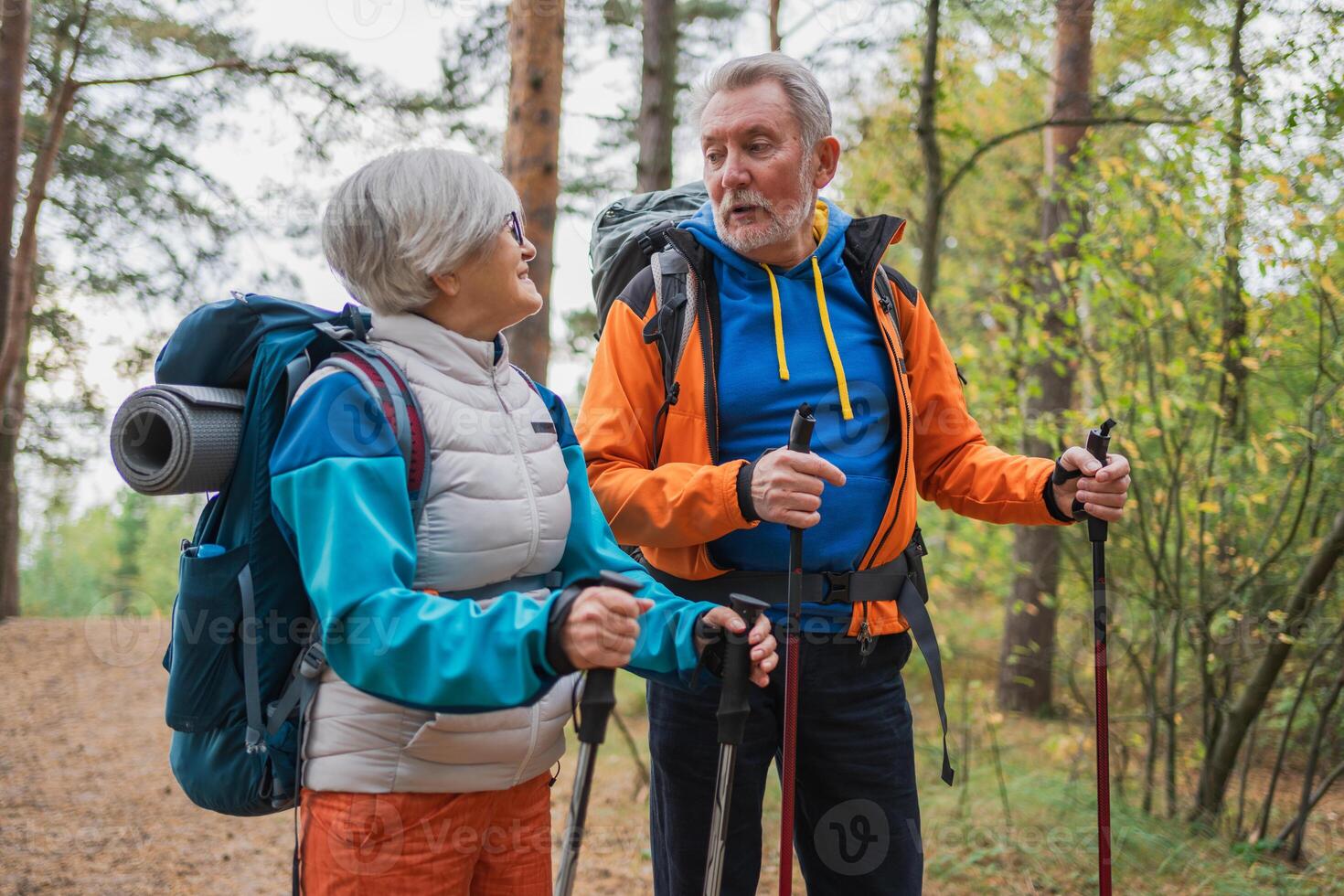 Hiking tourism adventure. Senior couple man woman enjoying outdoor recreation hiking in forest ...
