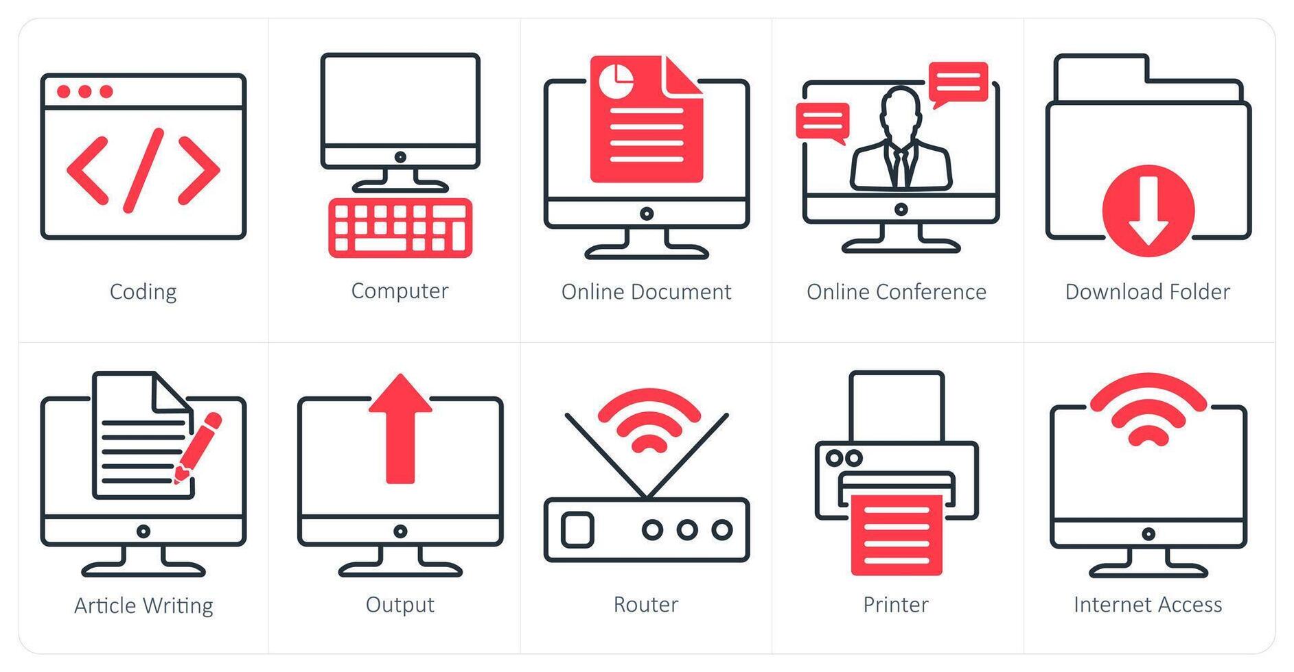 A set of 10 business and office icons as coding, computer, online ...