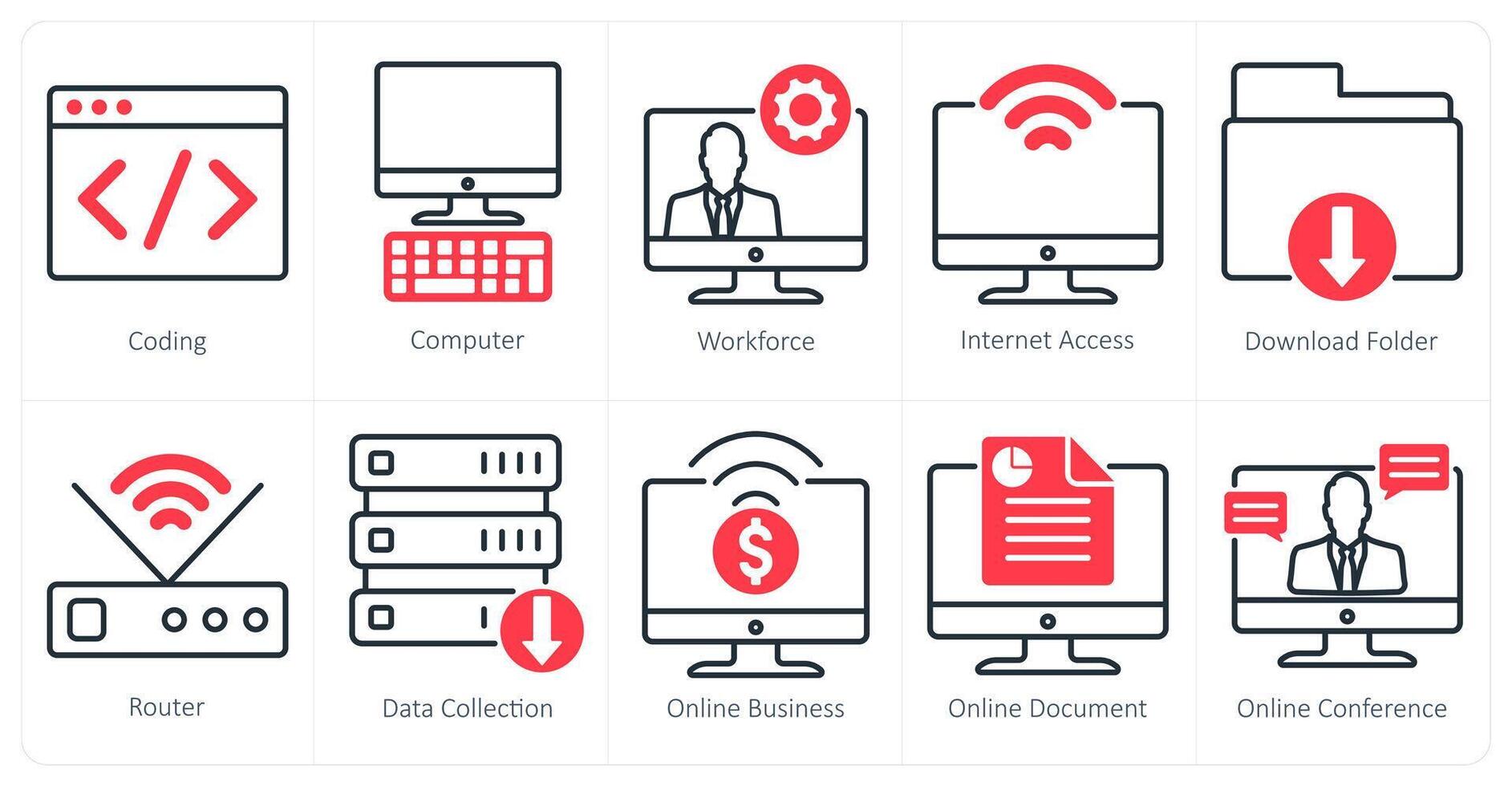 A set of 10 business and office icons as coding, computer, workforce ...