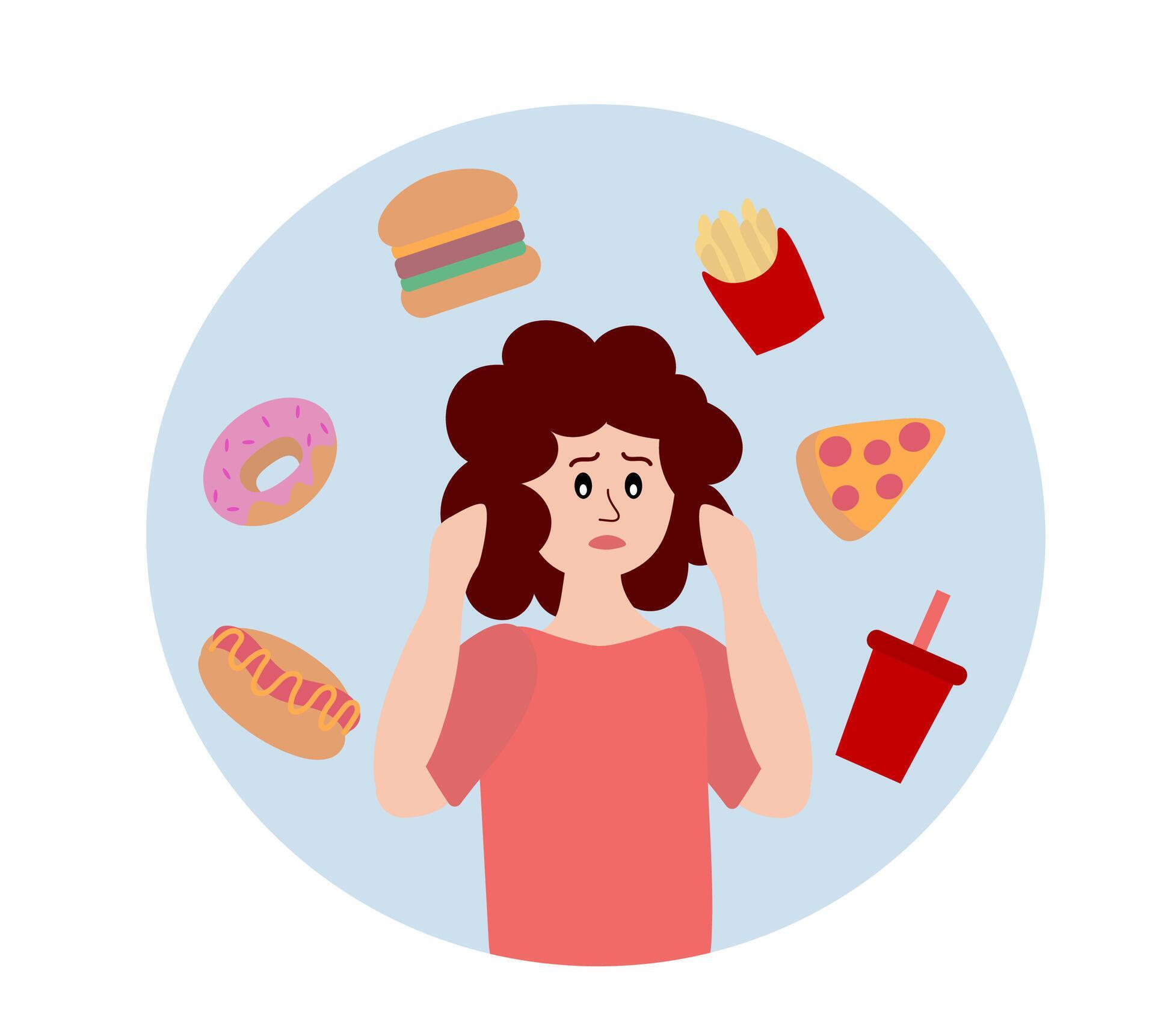 Eating disorder. Sad woman worries about being overweight. Overeating ...