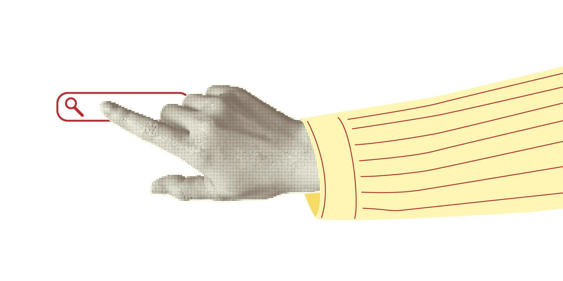 Collage halftone elements with pointing hands and doodle buttons. Fingers gesture touch, click ...