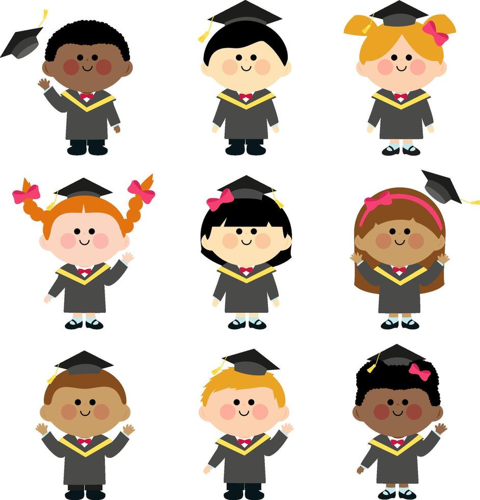 Set of boys and girls with graduation gowns and mortar board hats ...