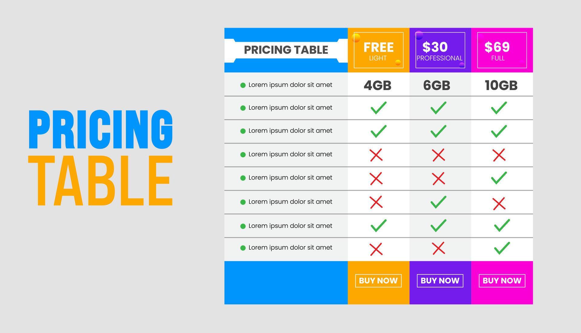 Corporate Pricing plans comparison table. Business product price chart ...