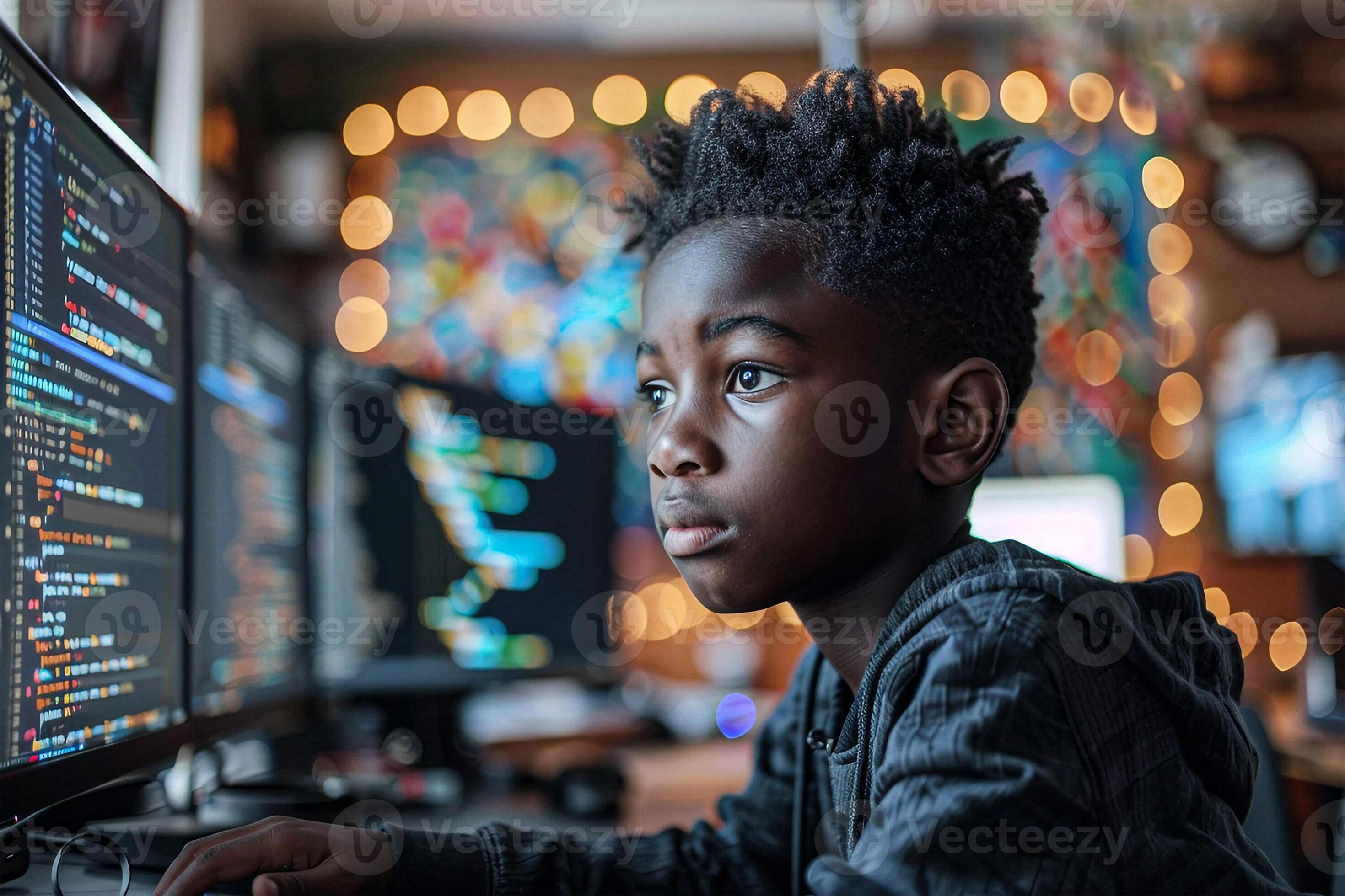 Black kid using computer, programming coding 46807446 Stock Photo at ...