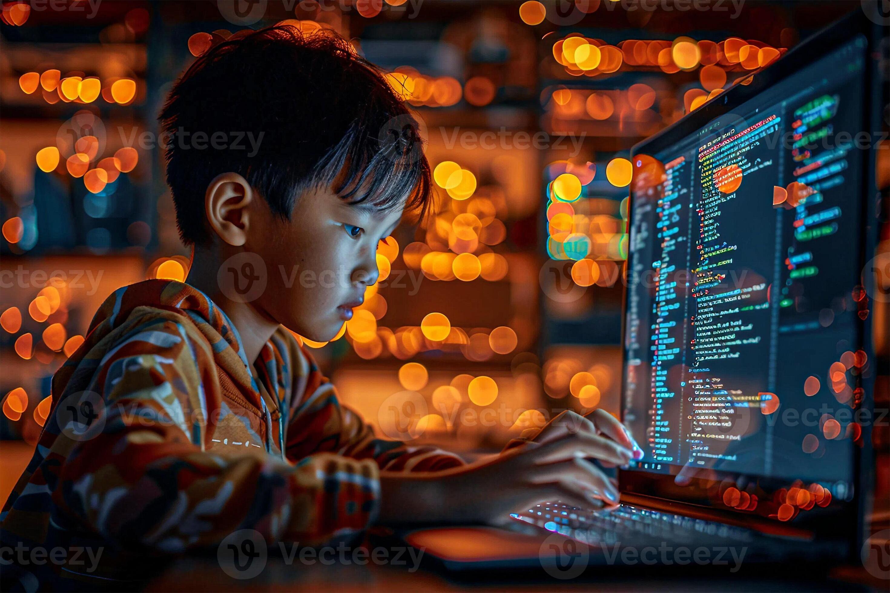 Asian kid using computer and doing programming or coding 46807483 Stock ...