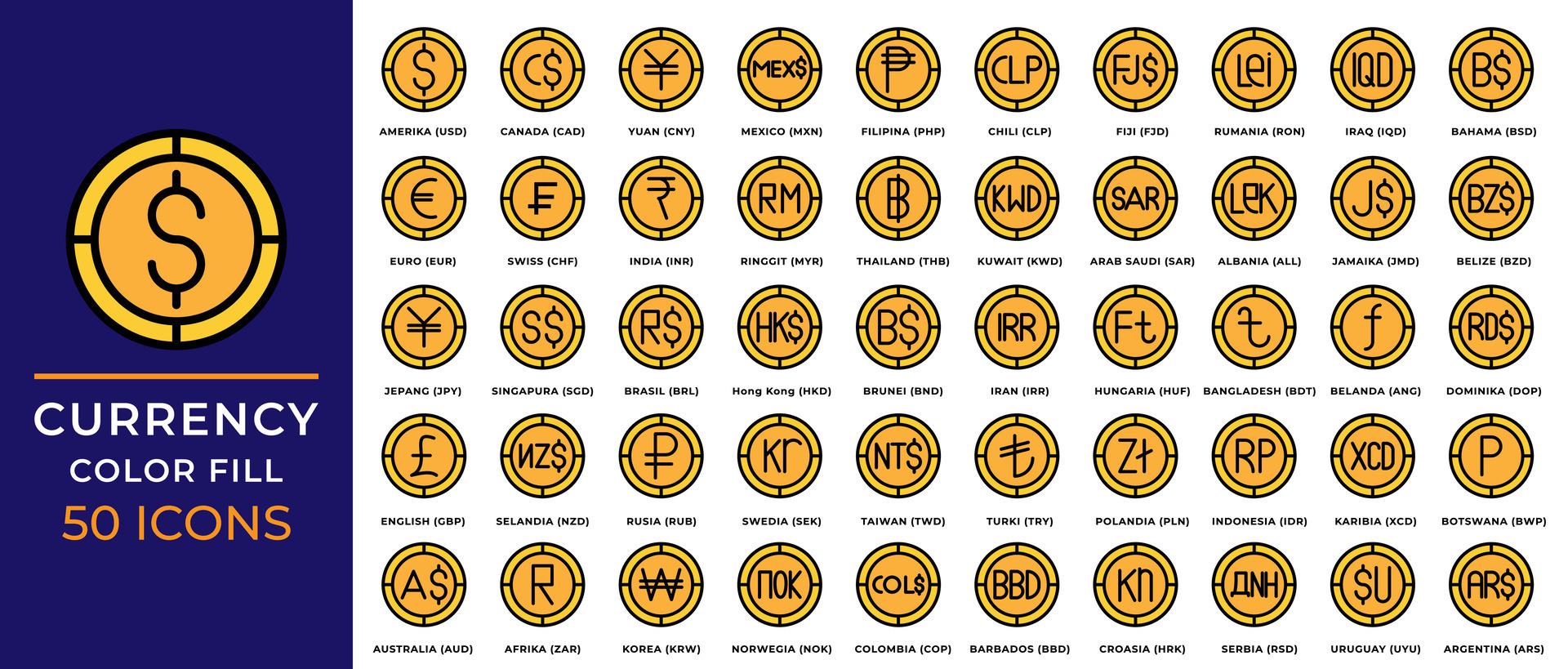 World Currency Icons Collection With A Modern Color Fill Design Style