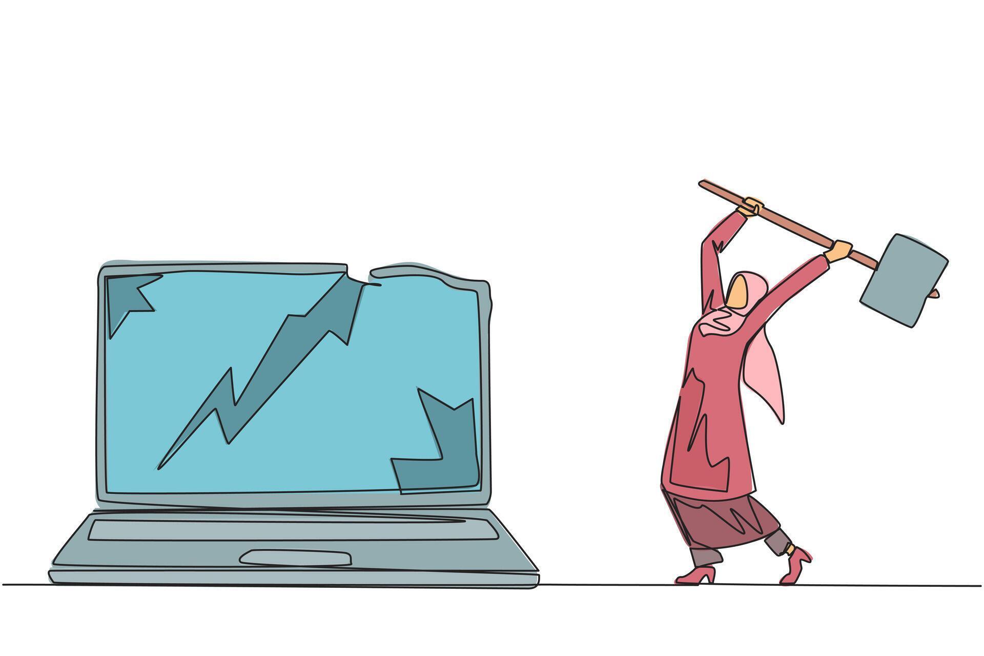Single One Line Drawing Arabian Businesswoman Preparing To Hit Laptop