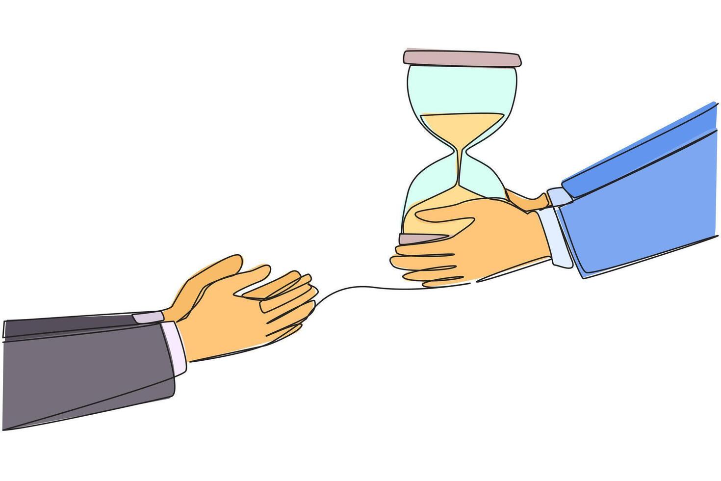 Single One Line Drawing A Hand Gives Hourglass To Colleague The Countdown Begins Agreement