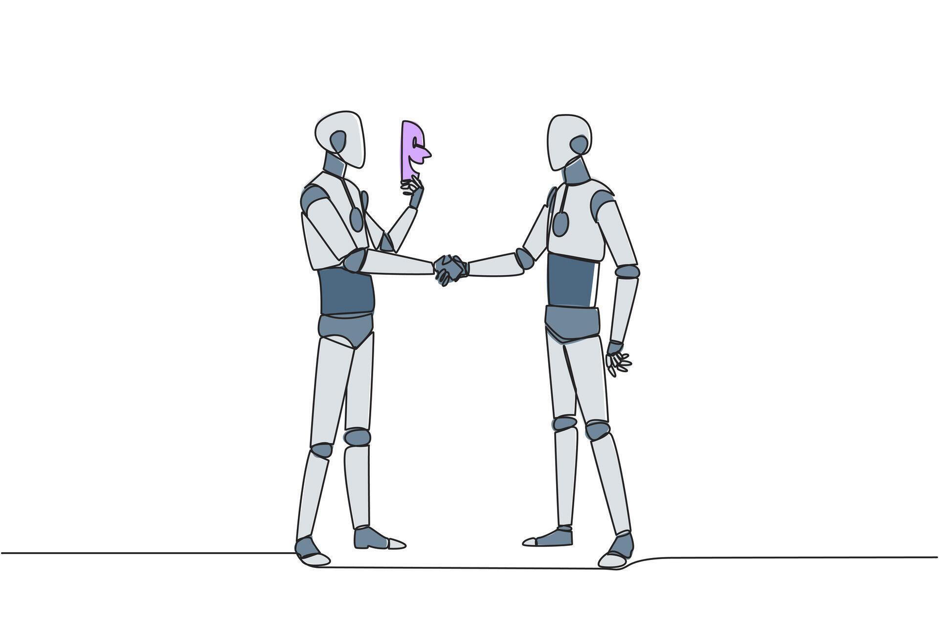 Single one line drawing the two robots shaking hands. One of them has two faces. Full of ...