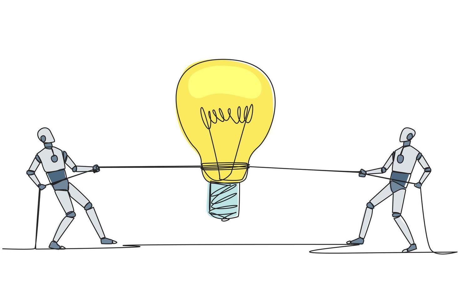 Continuous one line drawing two robots fighting over lightbulb. Fierce competition to find best ...