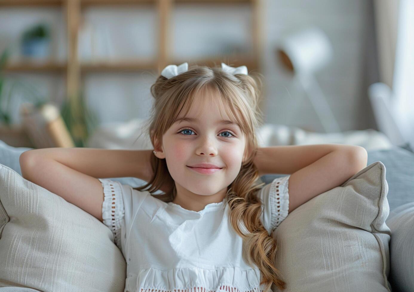 Adorable Lovely Cute Girl Sitting On Sofa Arms Behind Head Enjoying Vacation In Comfy Room Day