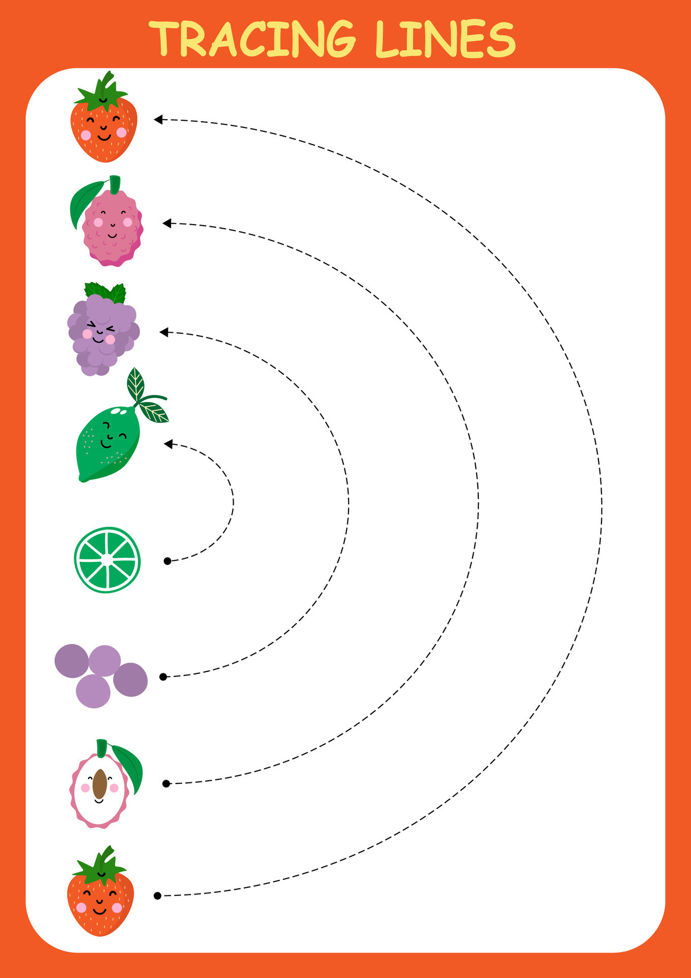 Tracing lines for kids with cartoon fruits. Handwriting practice ...