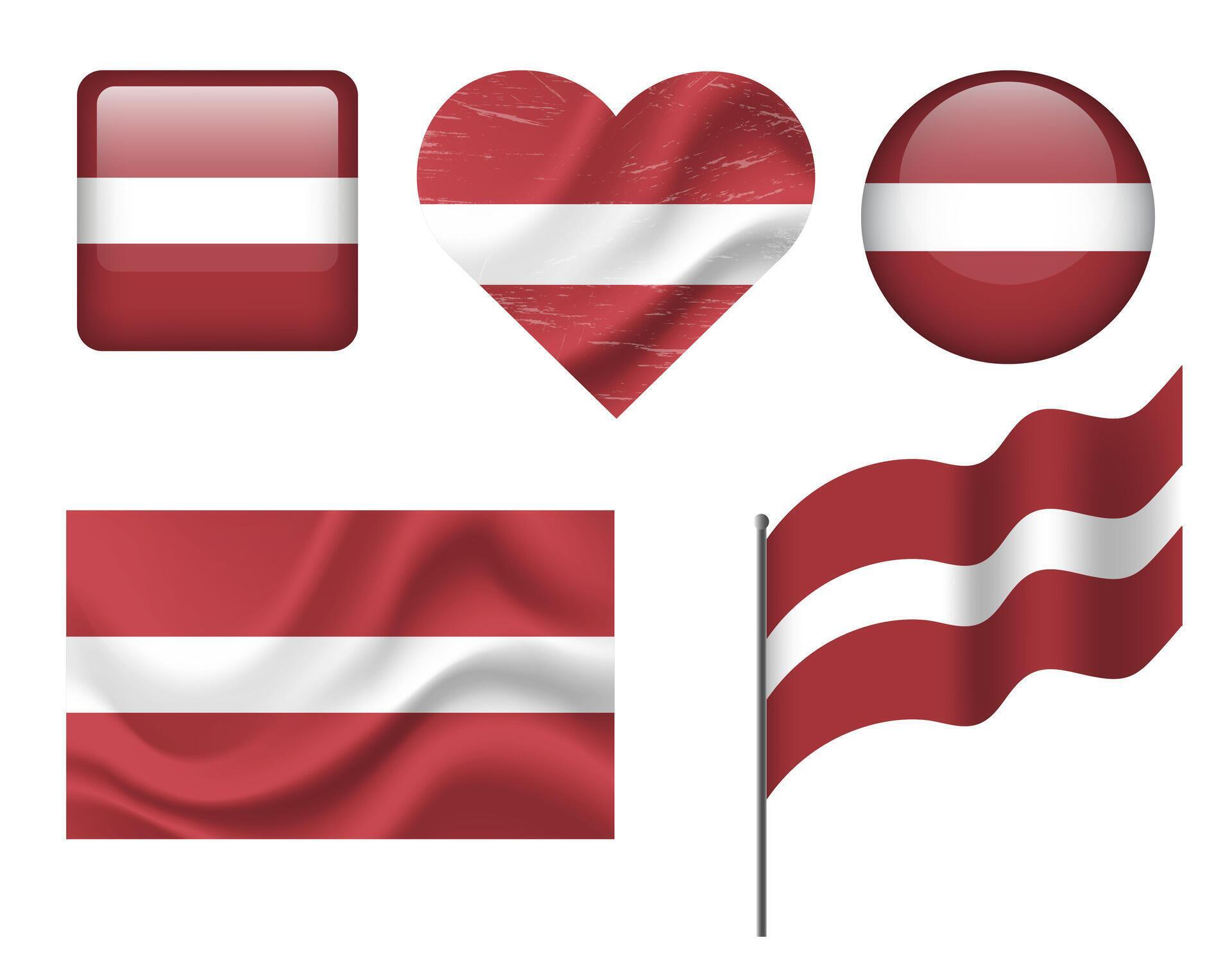 Latvia flag set of icons. flag of Latvia, symbol. Set of Latvian flags button, waved, heart ...