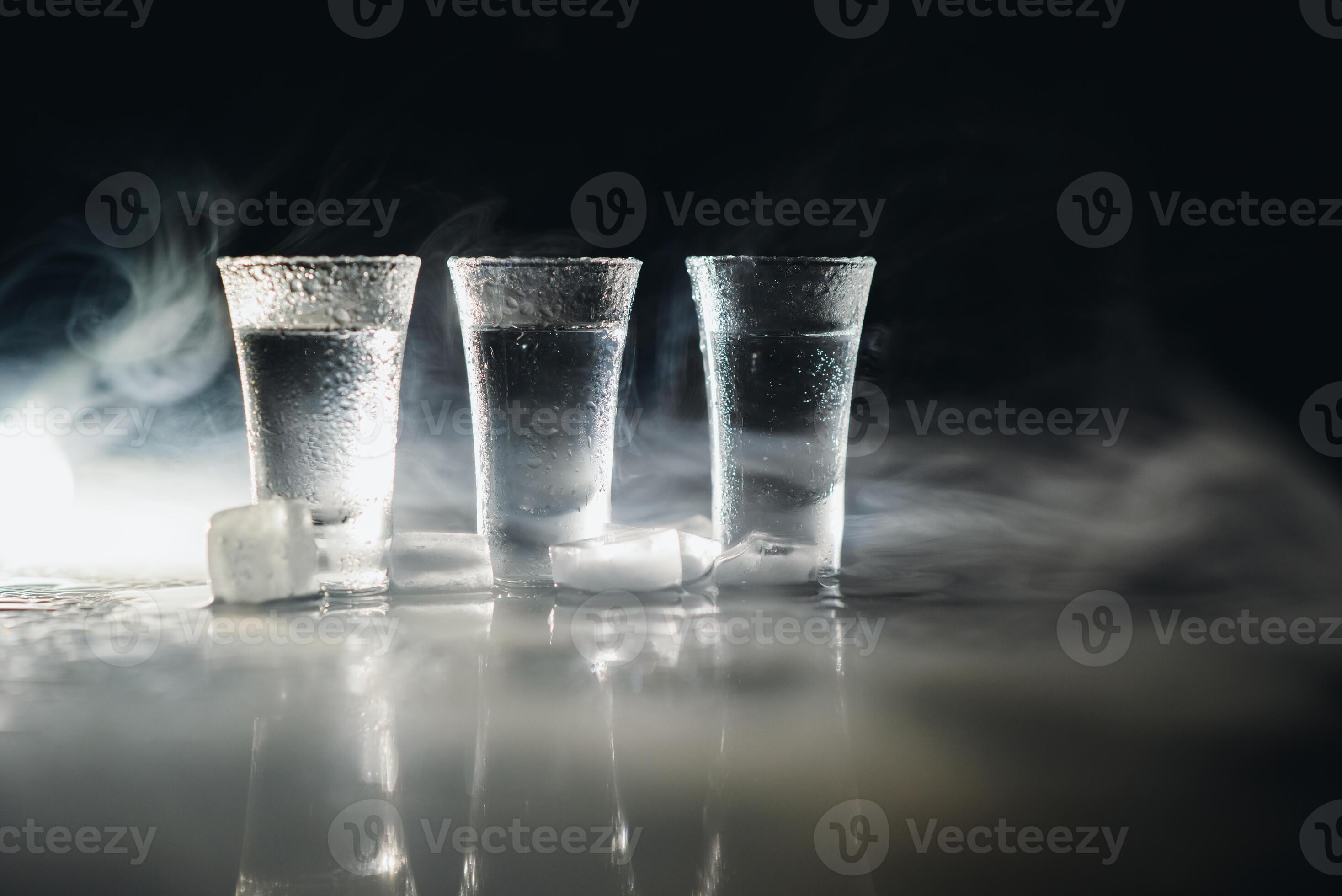 Vodka Shots Glasses With Vodka With Ice Dark Background Copy Space Selective Focus