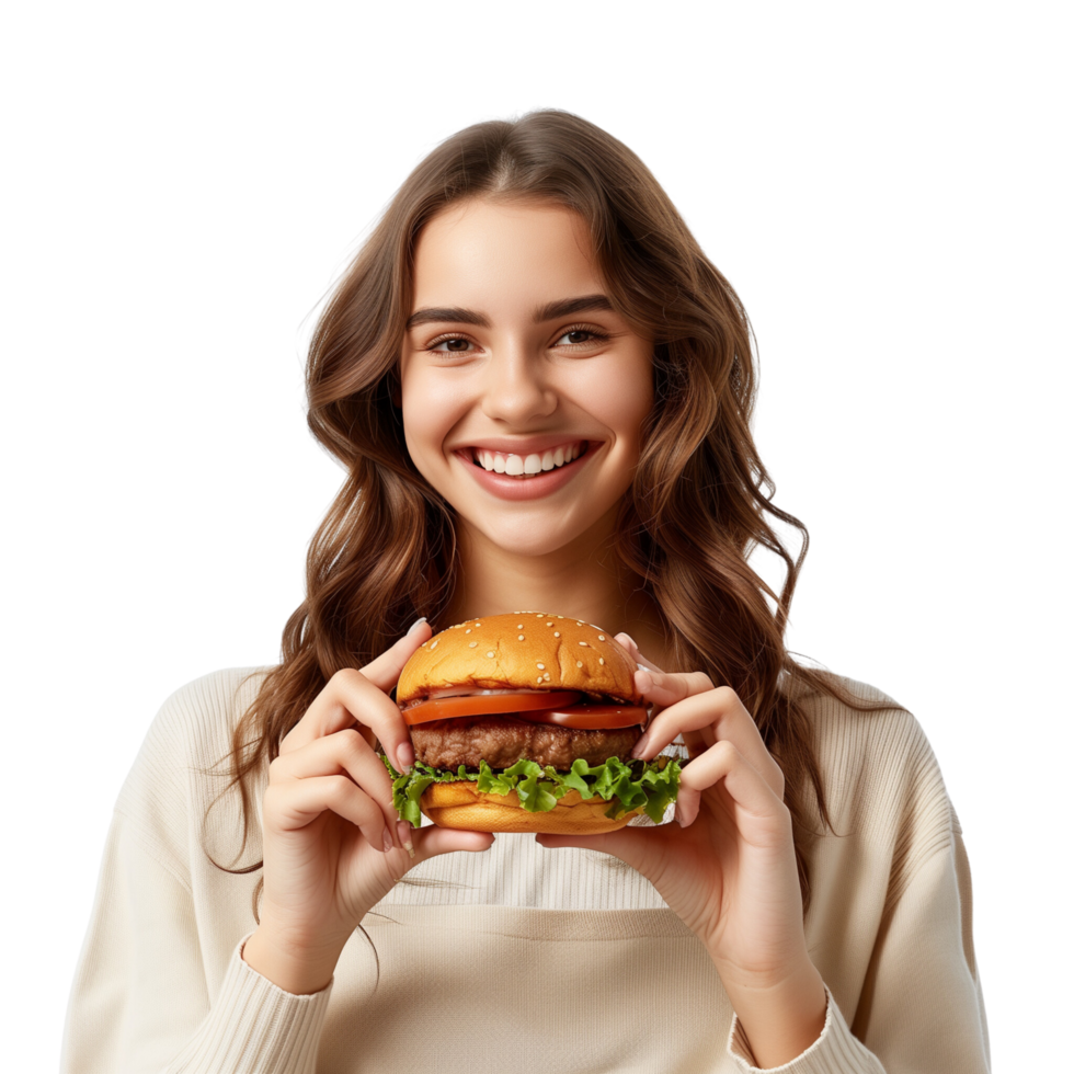 A smiling woman holding a burger with both hands, isolated on a transparent background 46822363 PNG