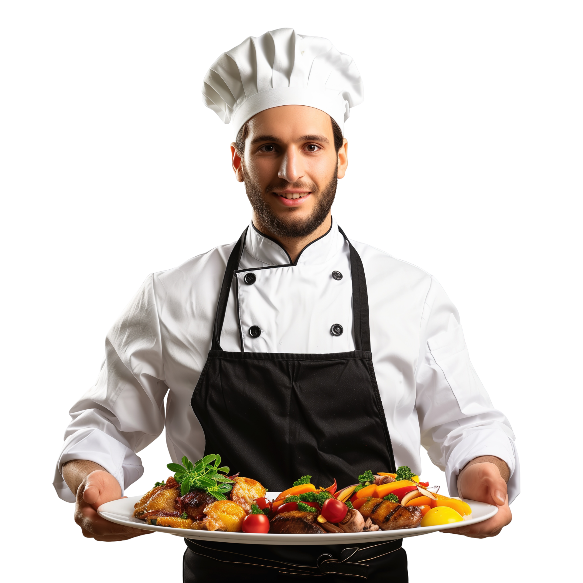 A Chef In Uniform Holding A Tray Of Food Isolated On A Transparent a-chef-in-uniform-holding-a-tray-of-food-isolated-on-a-transparent