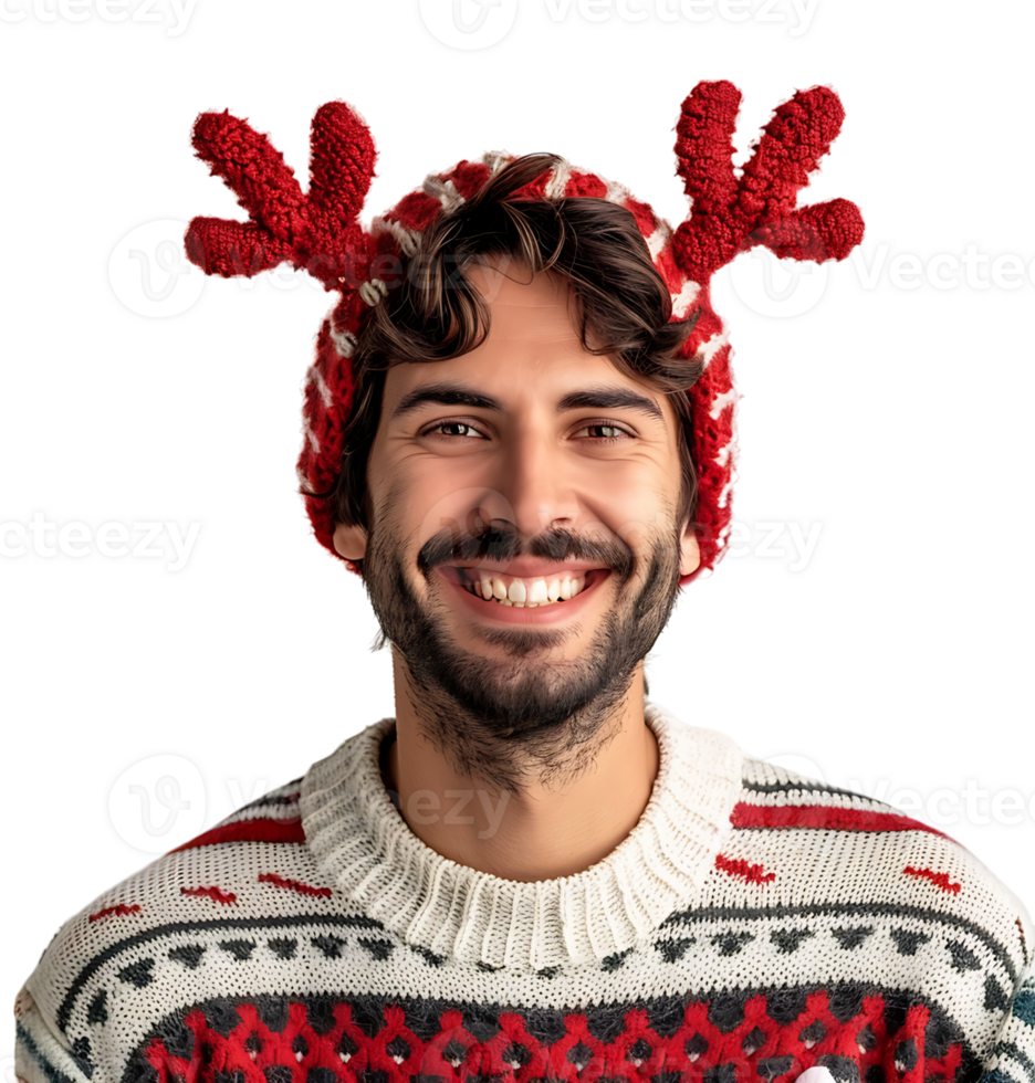 Happy Smiling Young Man Wearing Red Christmas Reindeer On Isolated