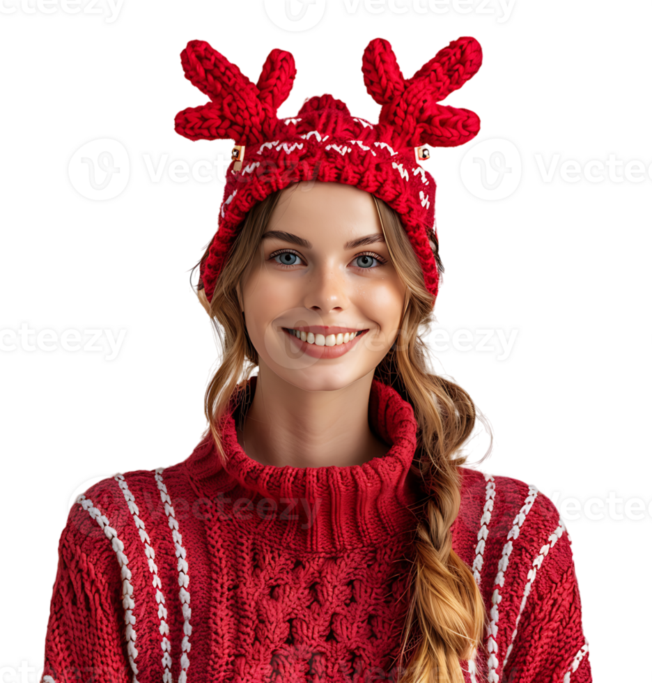 Happy Smiling Girl Wearing Red Christmas Reindeer On Isolated