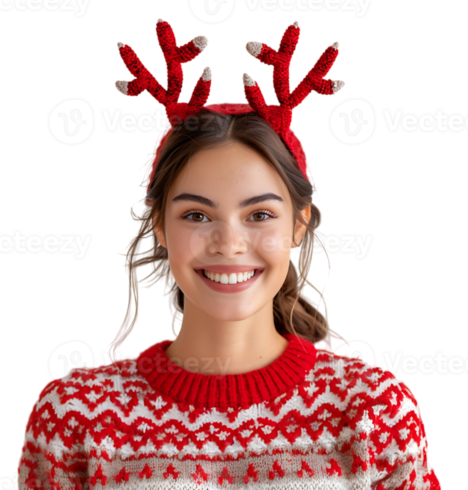 Happy Smiling Girl Wearing Red Christmas Reindeer On Isolated