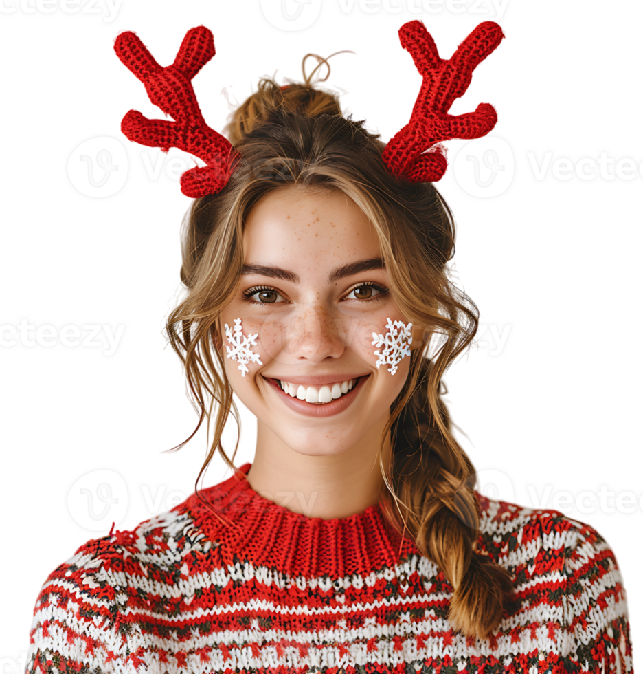 Happy Smiling Girl Wearing Red Christmas Reindeer On Isolated
