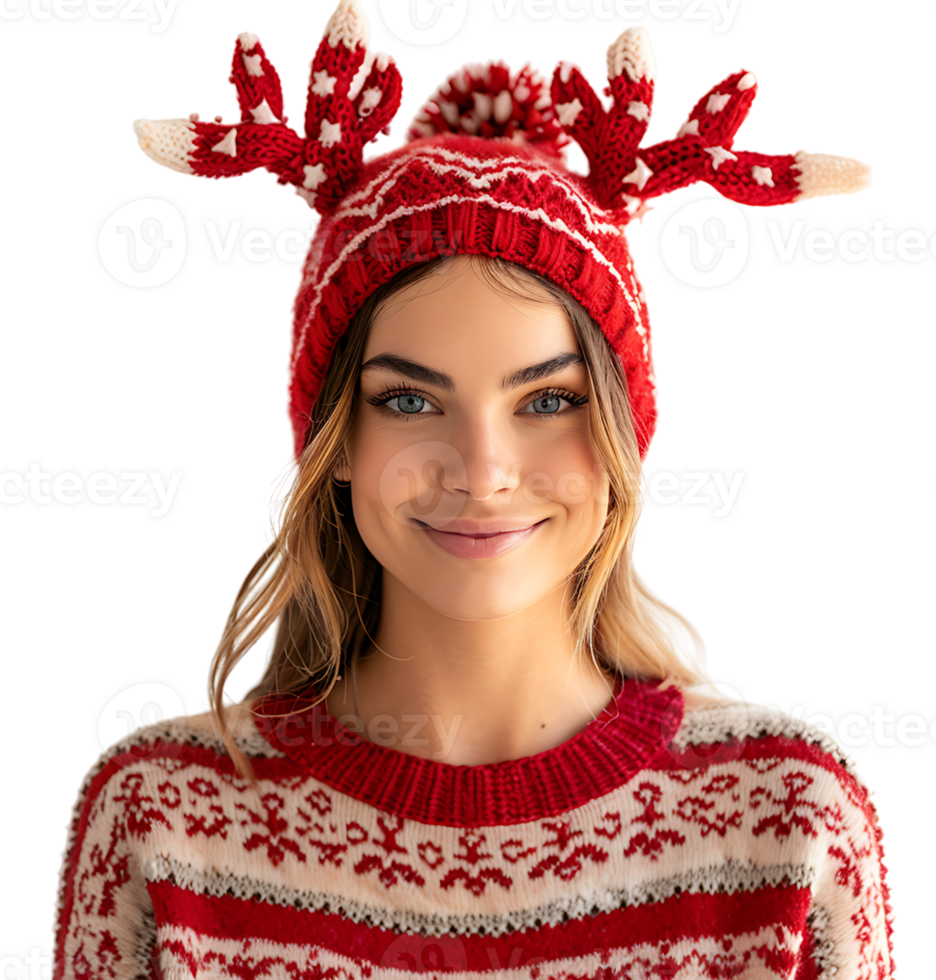 Happy Smiling Girl Wearing Red Christmas Reindeer On Isolated